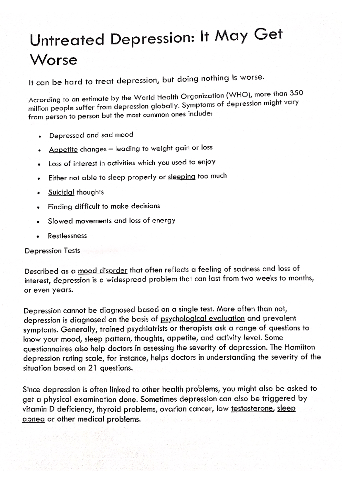 Depression-1 - Psychology notes - Master of Social Work - Studocu