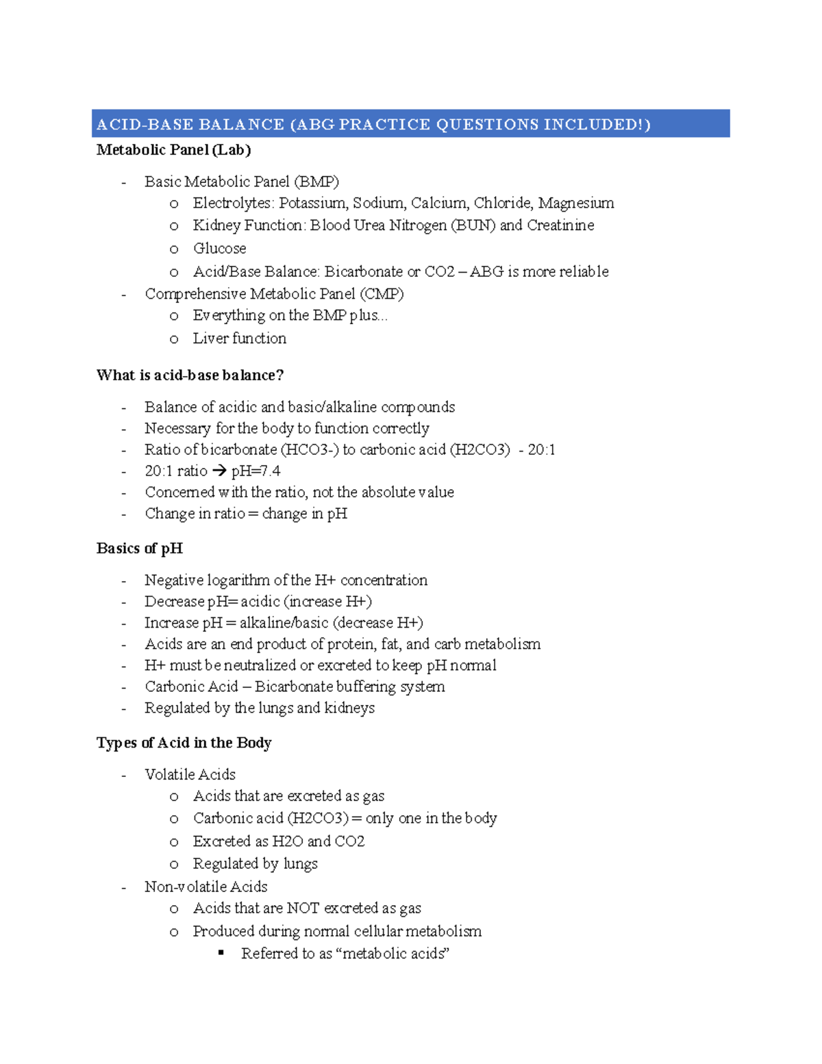 Acid-Base Balance Lecture Notes and Practice Questions - ACID-BASE ...