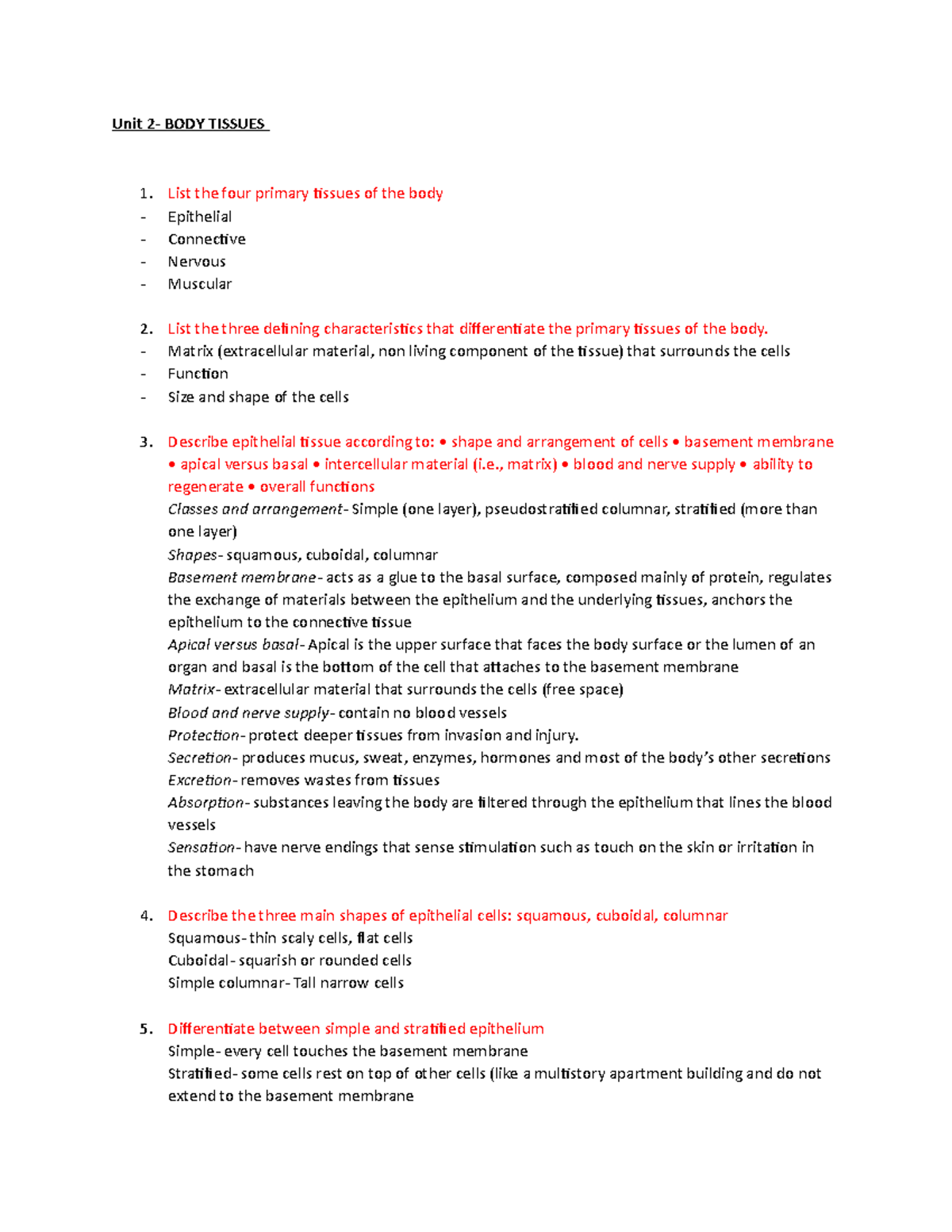 Anatomy- Unit 2 Tissues - Unit 2- BODY TISSUES List the four primary ...