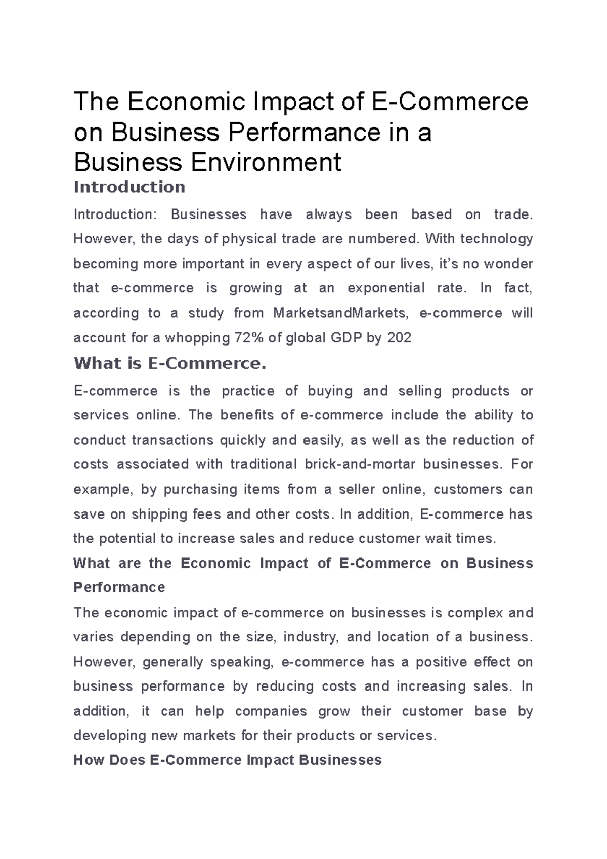 The Economic Impact of E-Commerce on Business Performance in a Business ...