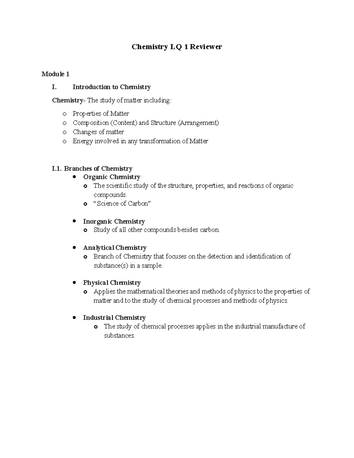 Chemistry LQ 1 Reviewer - Chemistry LQ 1 Reviewer Module 1 I ...