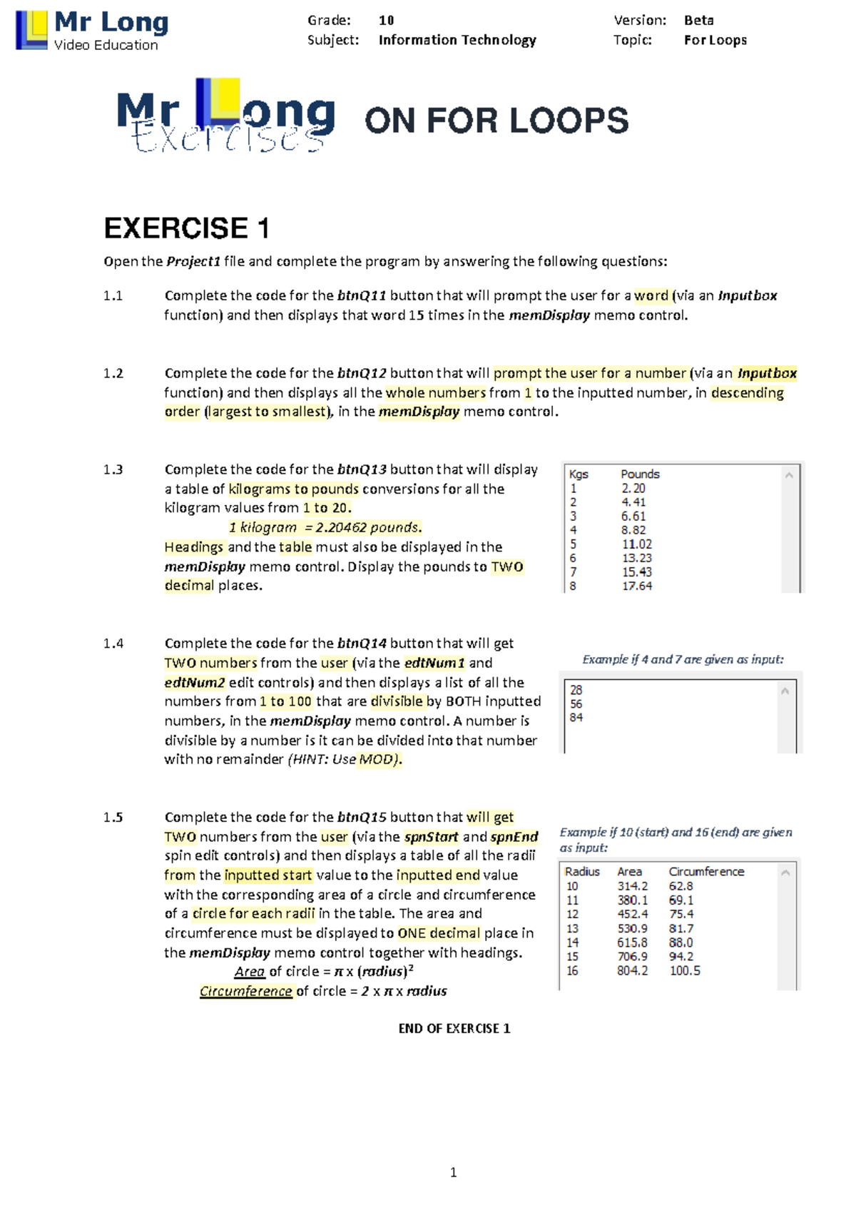 For Loops Mr Long Exercises - Subject: Information Technology Topic ...