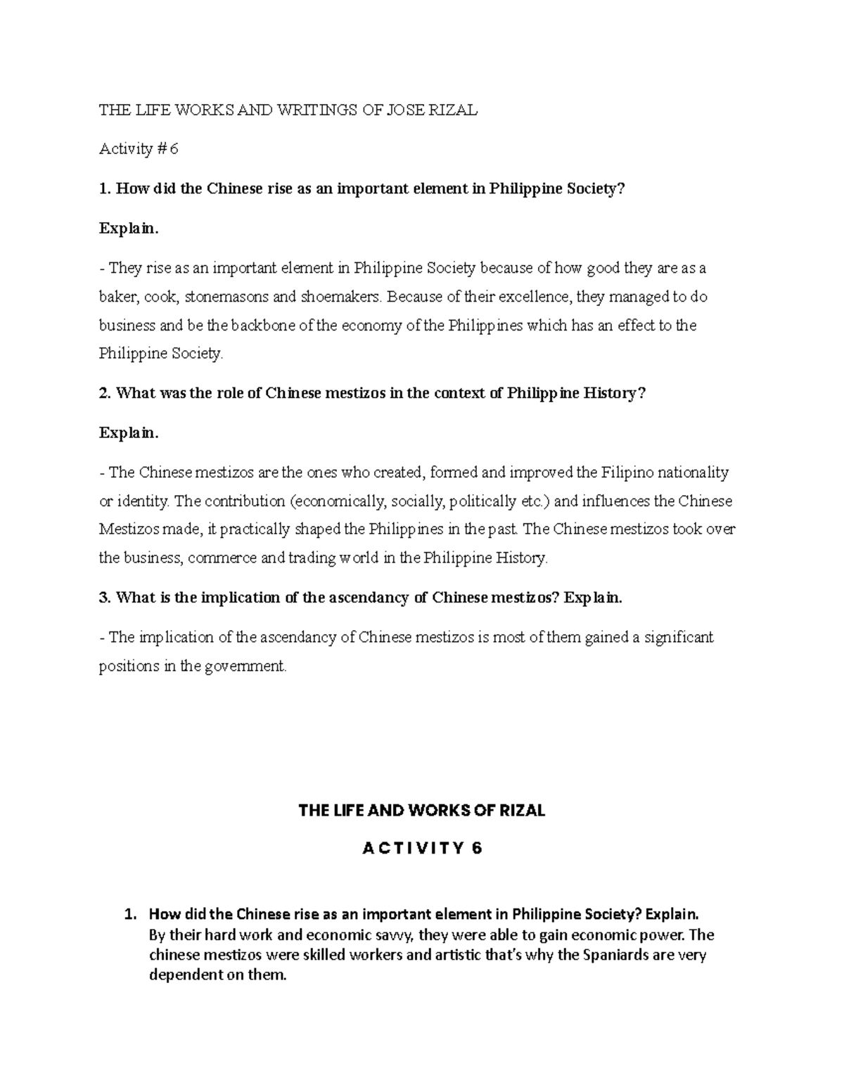 R6 - R6 RIZAL - THE LIFE WORKS AND WRITINGS OF JOSE RIZAL Activity # 6 ...