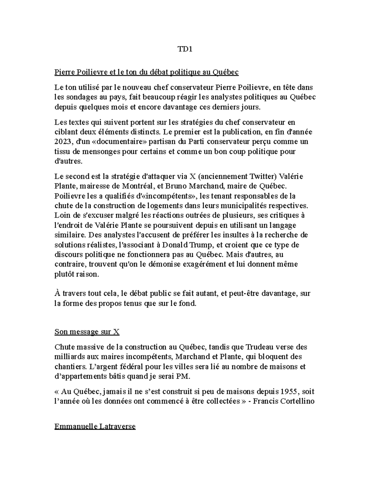 TD1 - Doc pour effectuer le TD1 facilement avec controleF - TD Pierre Poilievre et le ton du ...