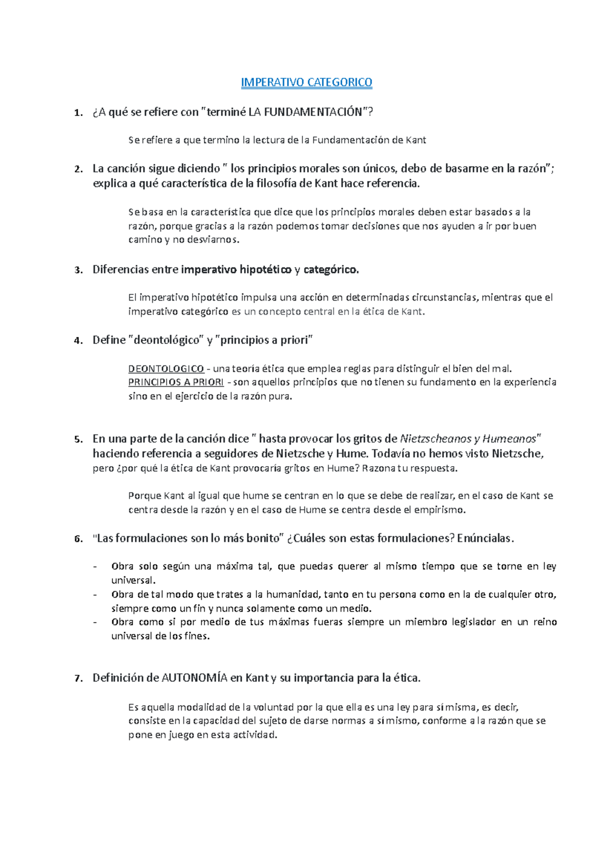 Imperativo Categorico - IMPERATIVO CATEGORICO 1. ¿A qué se refiere con ...