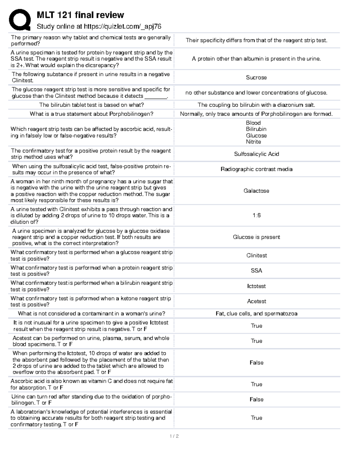 Midterm aubf q2 - sample questions - MLT 121 final review Study online ...