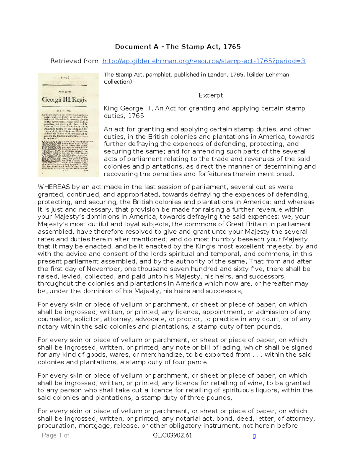 Stamp Act Perspectives Activity - Page 1 of GLC03902 g Document A - The ...