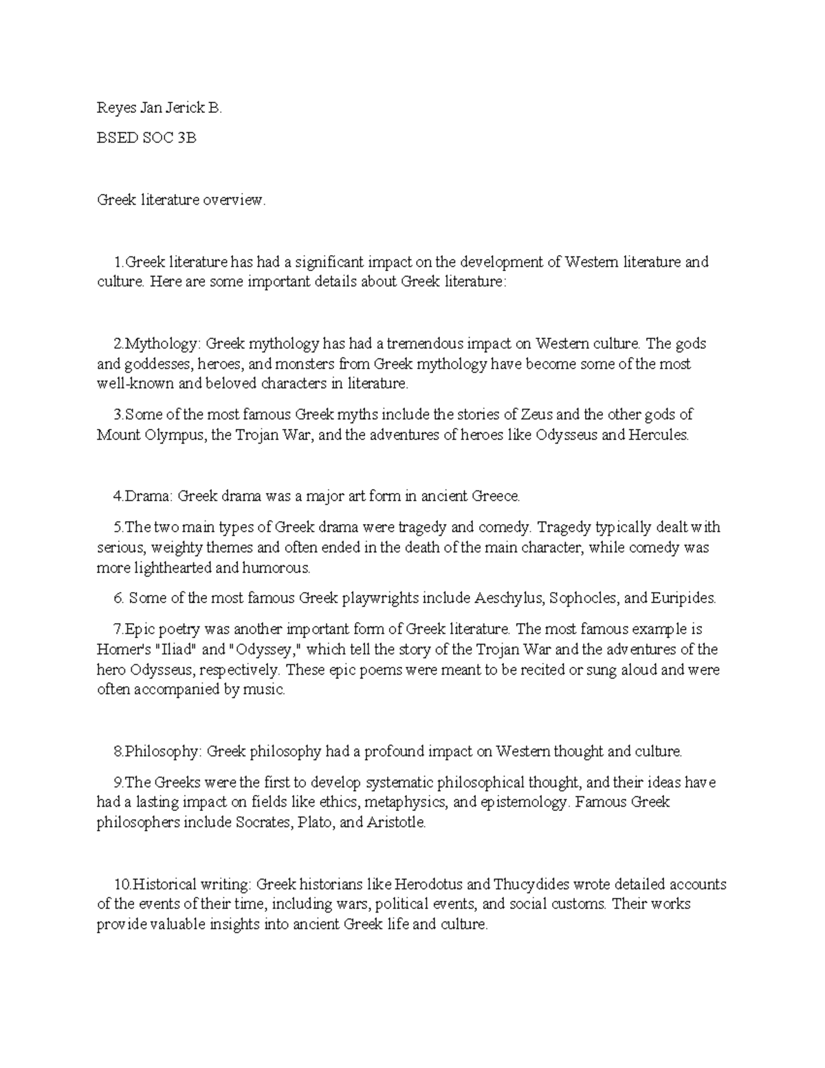 Document - none - Reyes Jan Jerick B. BSED SOC 3B Greek literature ...