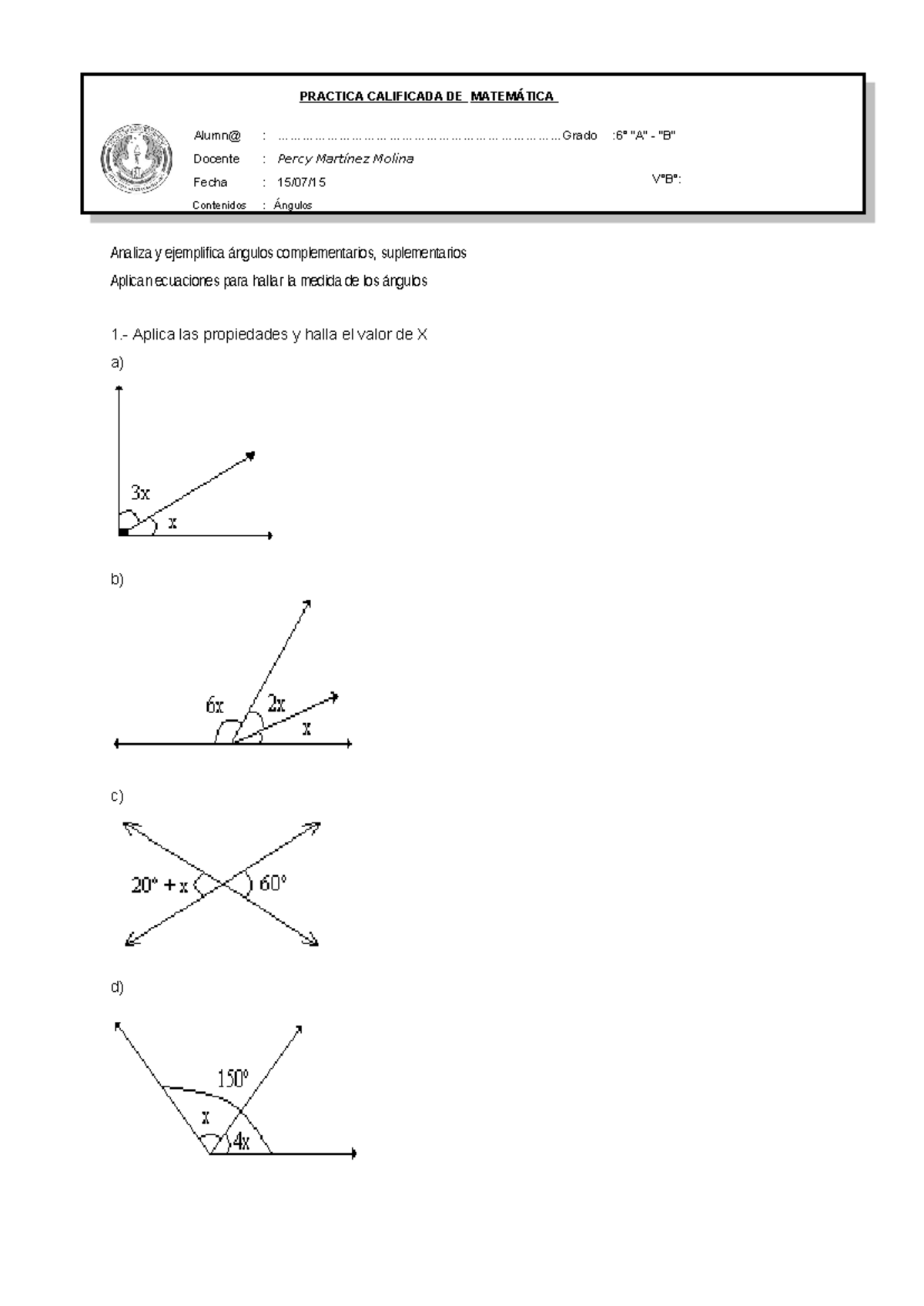 Practica 3 angulos - Educación - PRACTICA CALIFICADA DE MATEMÁTICA ...