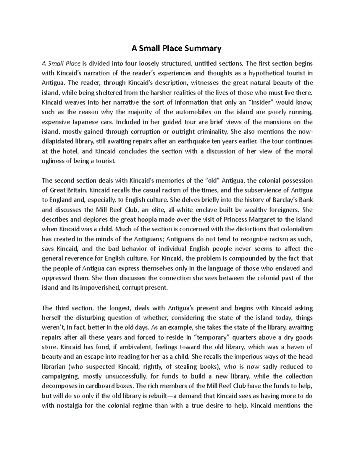 A Small Place - Kincaid summary - A Small Place Summary A Small Place ...