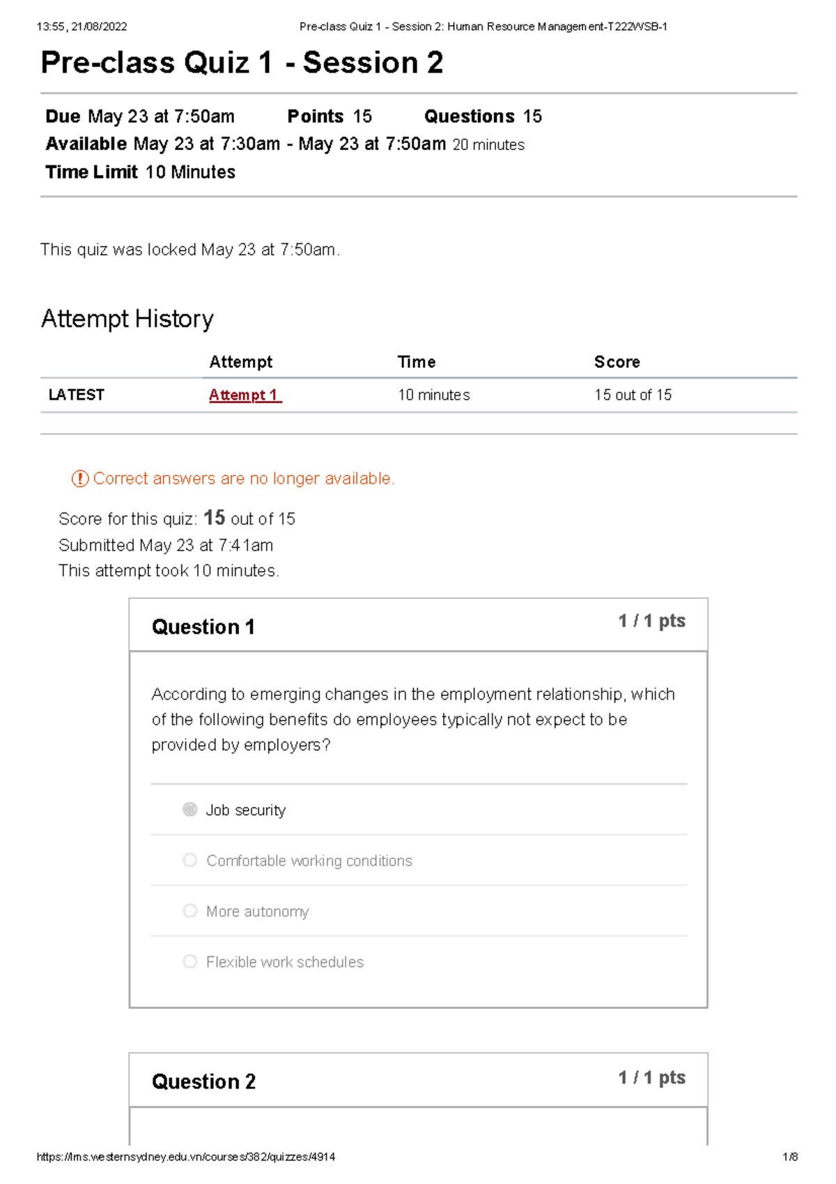 [Unview] Pre-class Quiz 1 - Session 2 Human Resource Management-T222WSB ...