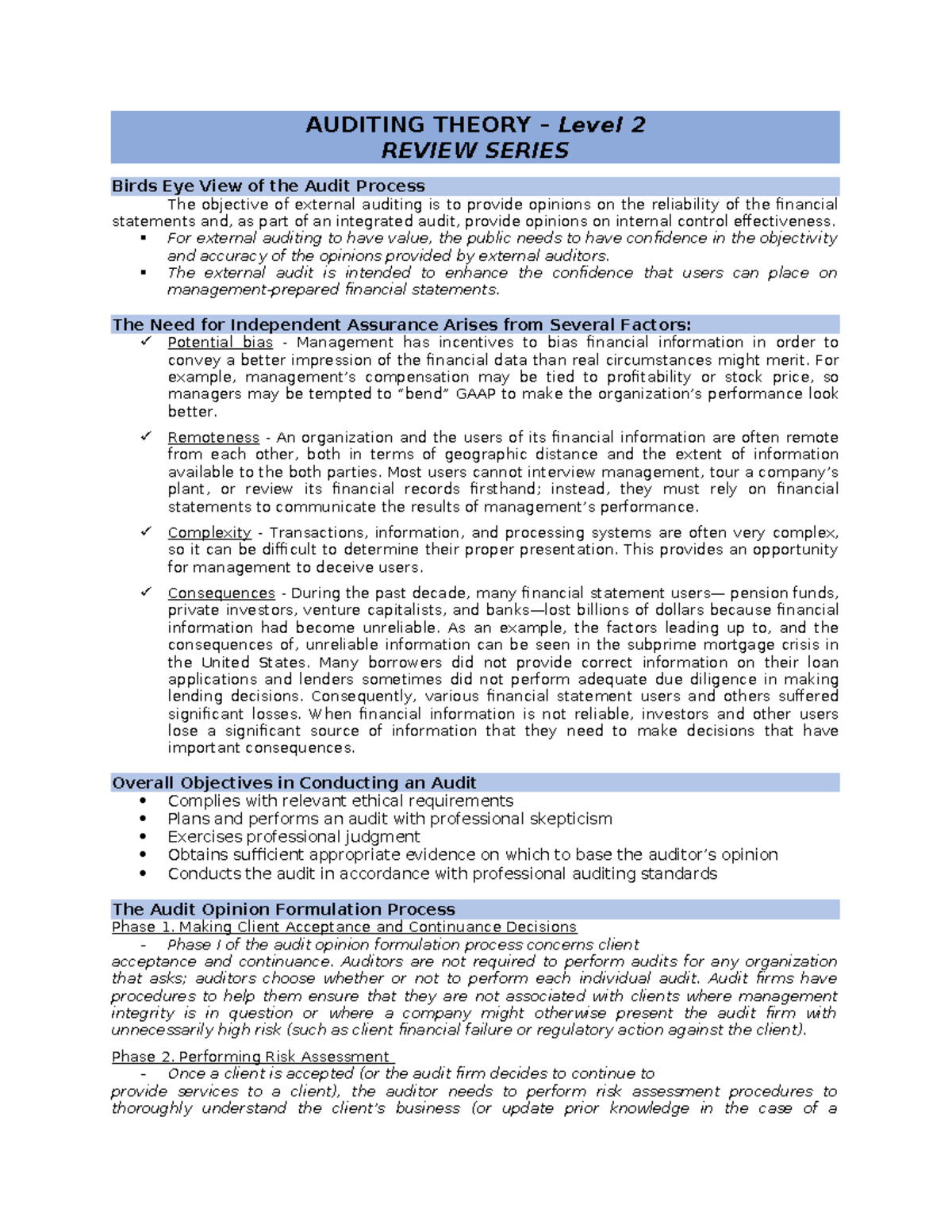 Auditing Theory 1 - goodluck - AUDITING THEORY – Level 2 REVIEW SERIES Birds Eye View of the ...
