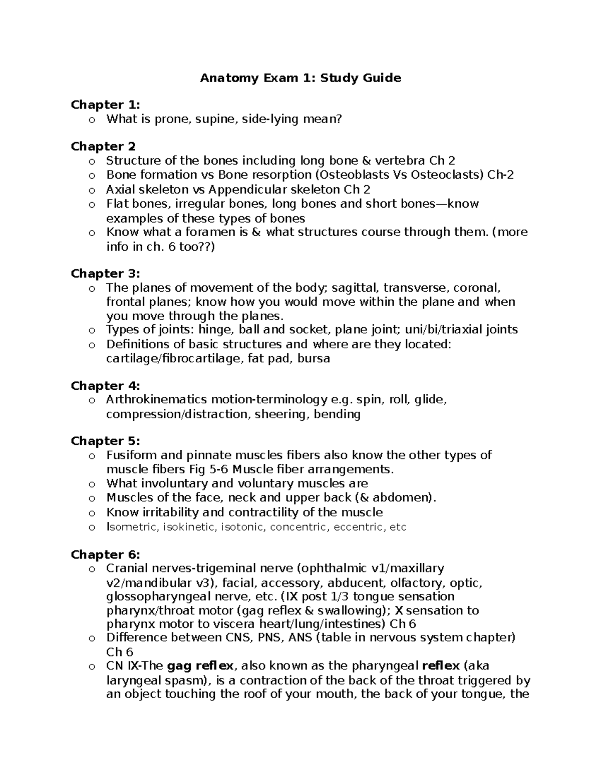 Anatomy Exam 1 Study Guide - Anatomy Exam 1: Study Guide Chapter 1: o ...
