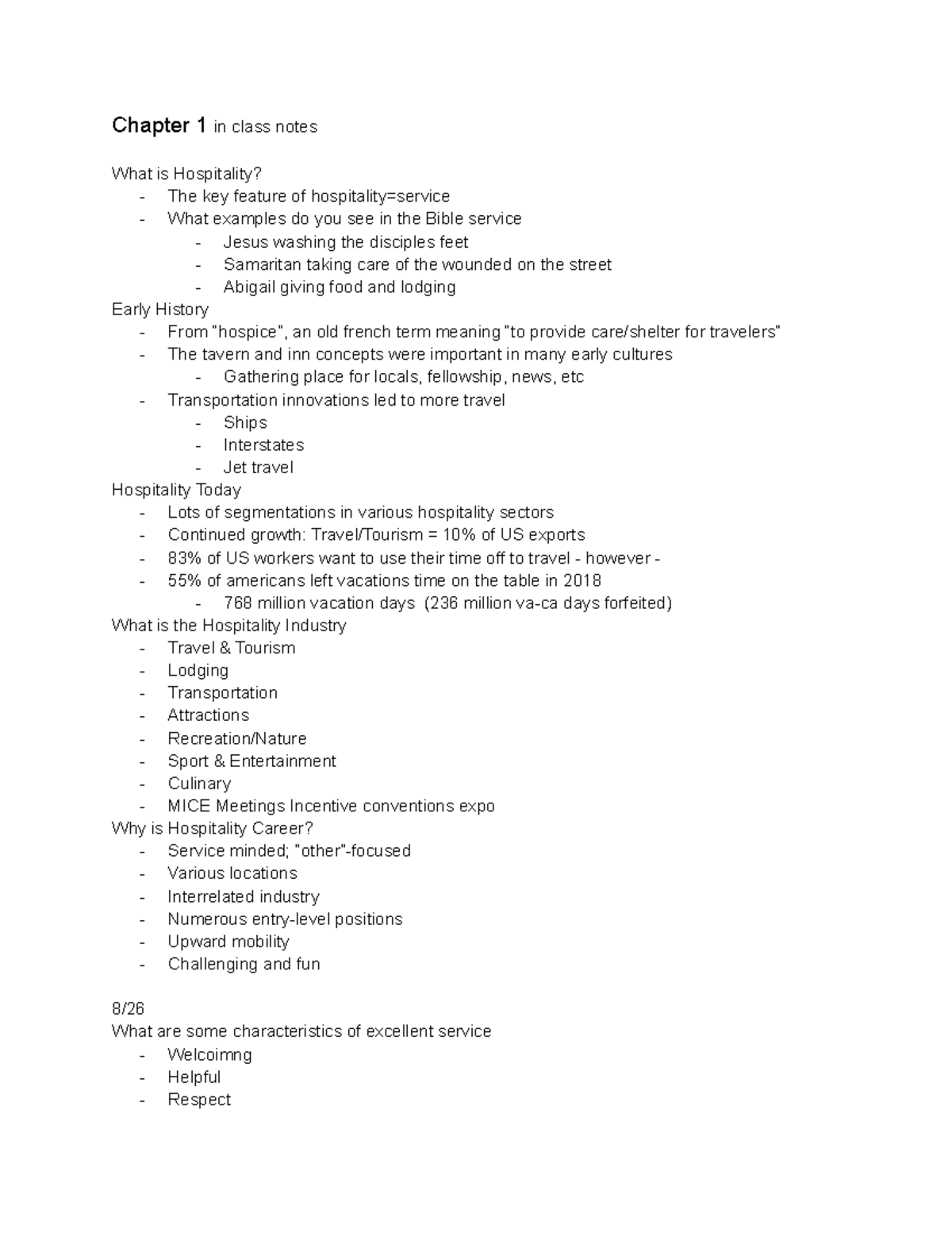 Chapter 1 What is Hospitality - Chapter 1 in class notes What is ...