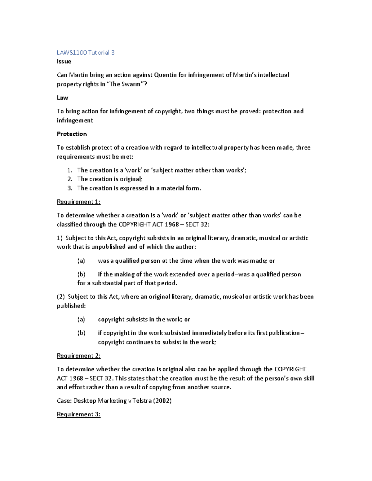 Tutorial 4 Submission - LAWS1100 Tutorial 3 Issue Can Martin bring an action against Quentin for ...