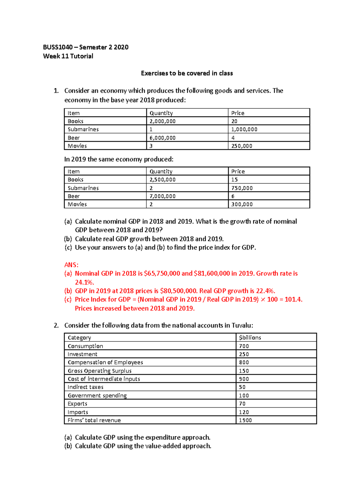 BUSS1040 Tutorial 11 With answers - BUSS1040 – Semester 2 2020 Week 11 Tutorial Exercises to be ...
