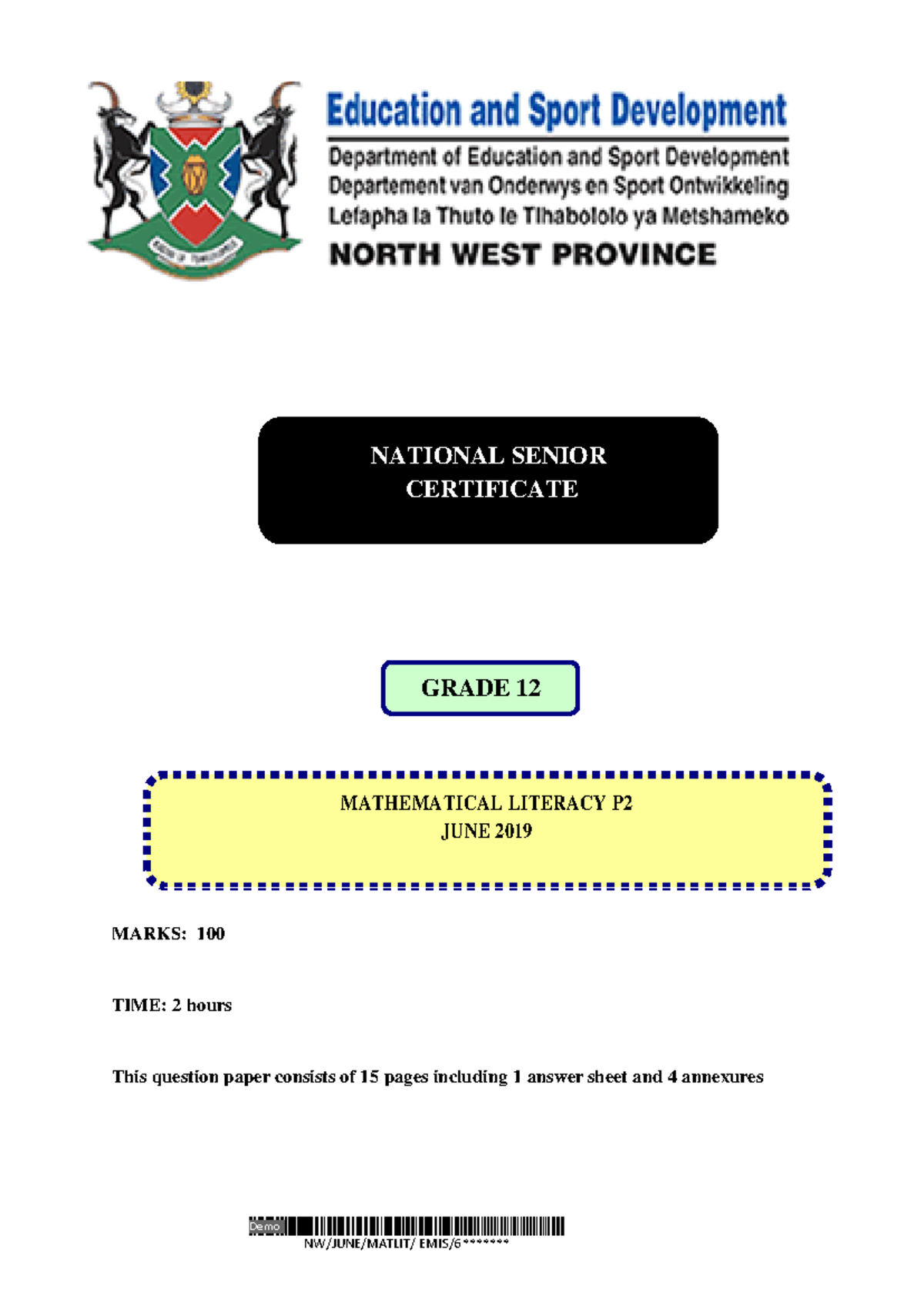 Mathematical-Literacy-GR-12-Paper-2 - Demo MARKS: 100 TIME: 2 hours ...