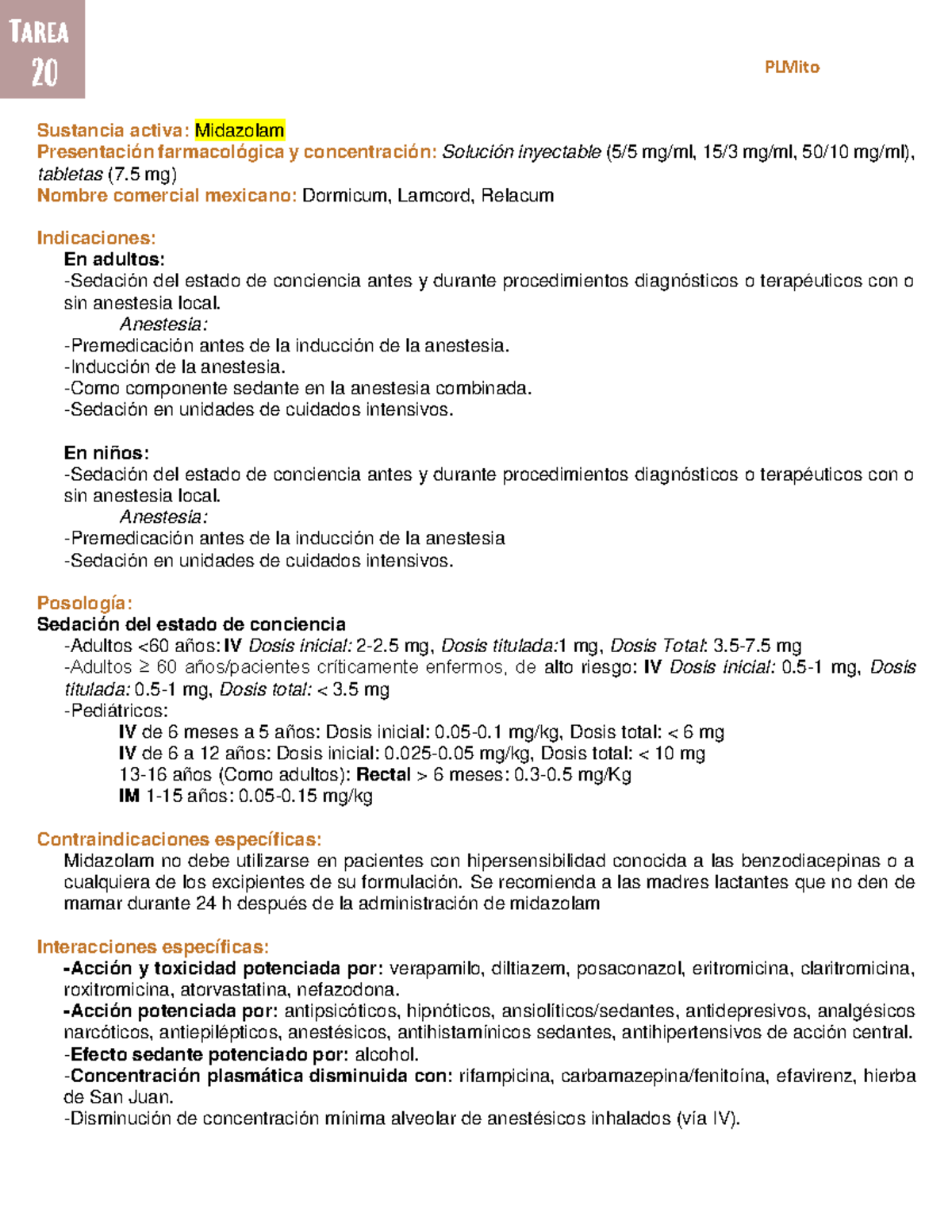 Tarea 20 PLMito - PLMito Sustancia activa: Midazolam Presentación ...