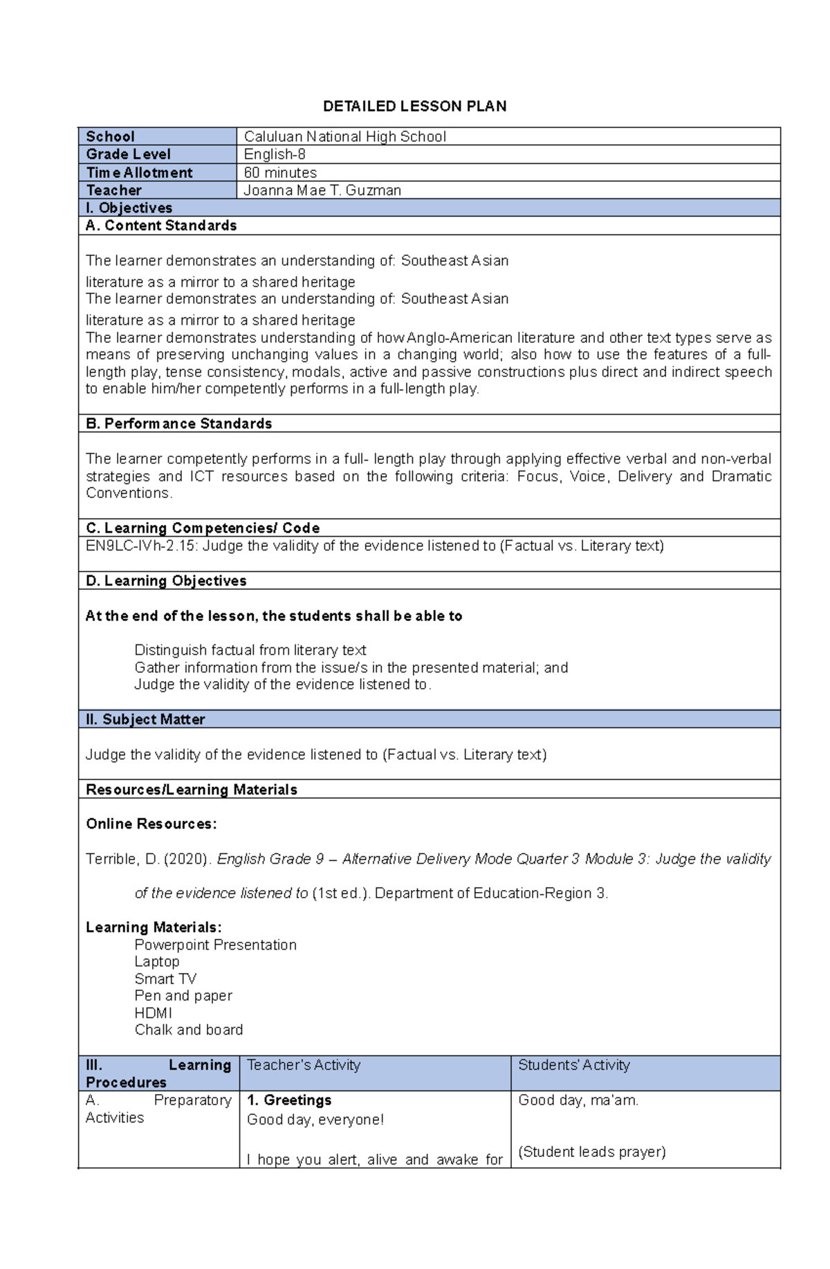 Lesson Plan In English 9 - DETAILED LESSON PLAN School Caluluan ...