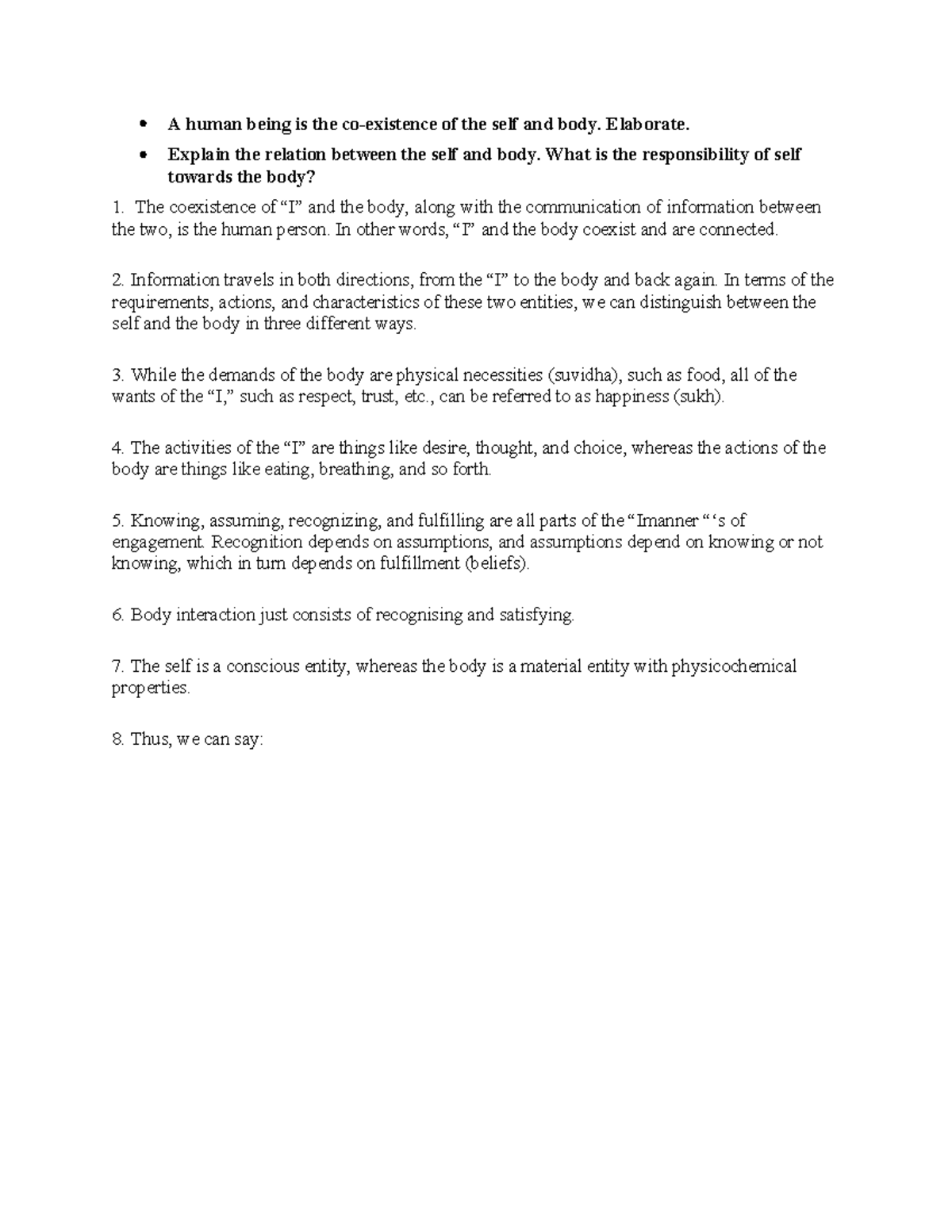 UHV UNIT-2 - A human being is the co-existence of the self and body ...