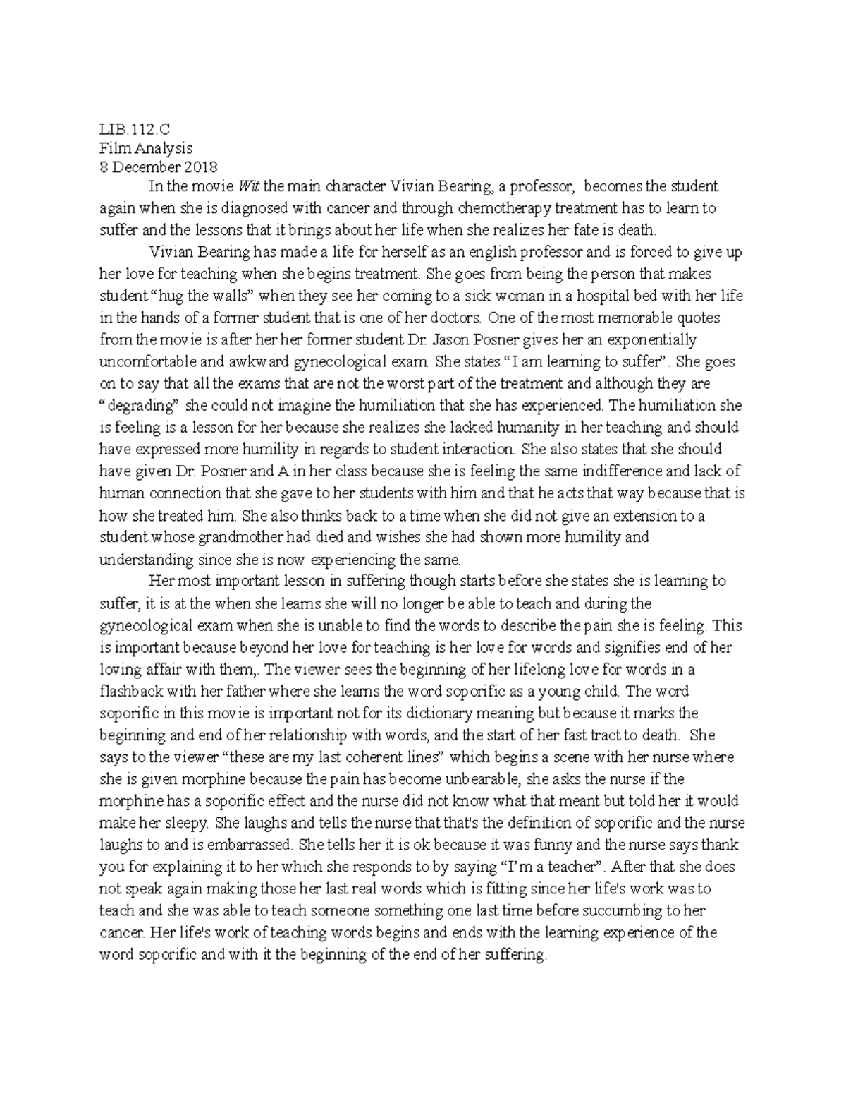 Film analysis - Grade: A - LIB 112 - MCPHS University - Studocu