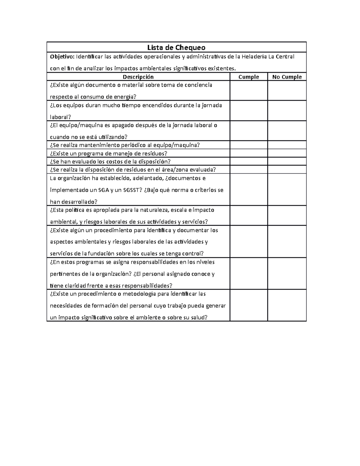 Lista de Chequeo - check list - Lista de Chequeo Objetivo: Identificar las actividades ...