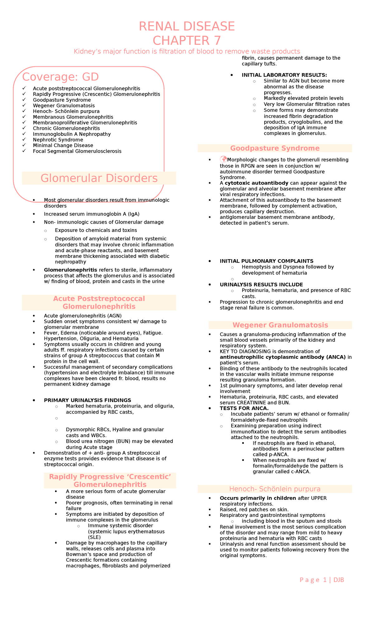CM Edited - notes - RENAL DISEASE CHAPTER 7 Kidney’s major function is ...