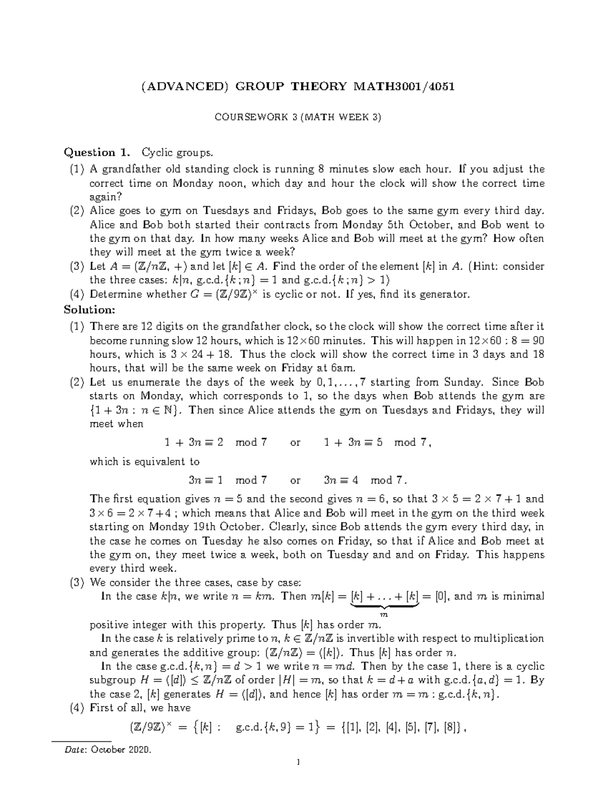 Questions and solutions to the 3rd group theory assignment (MSc-level ...