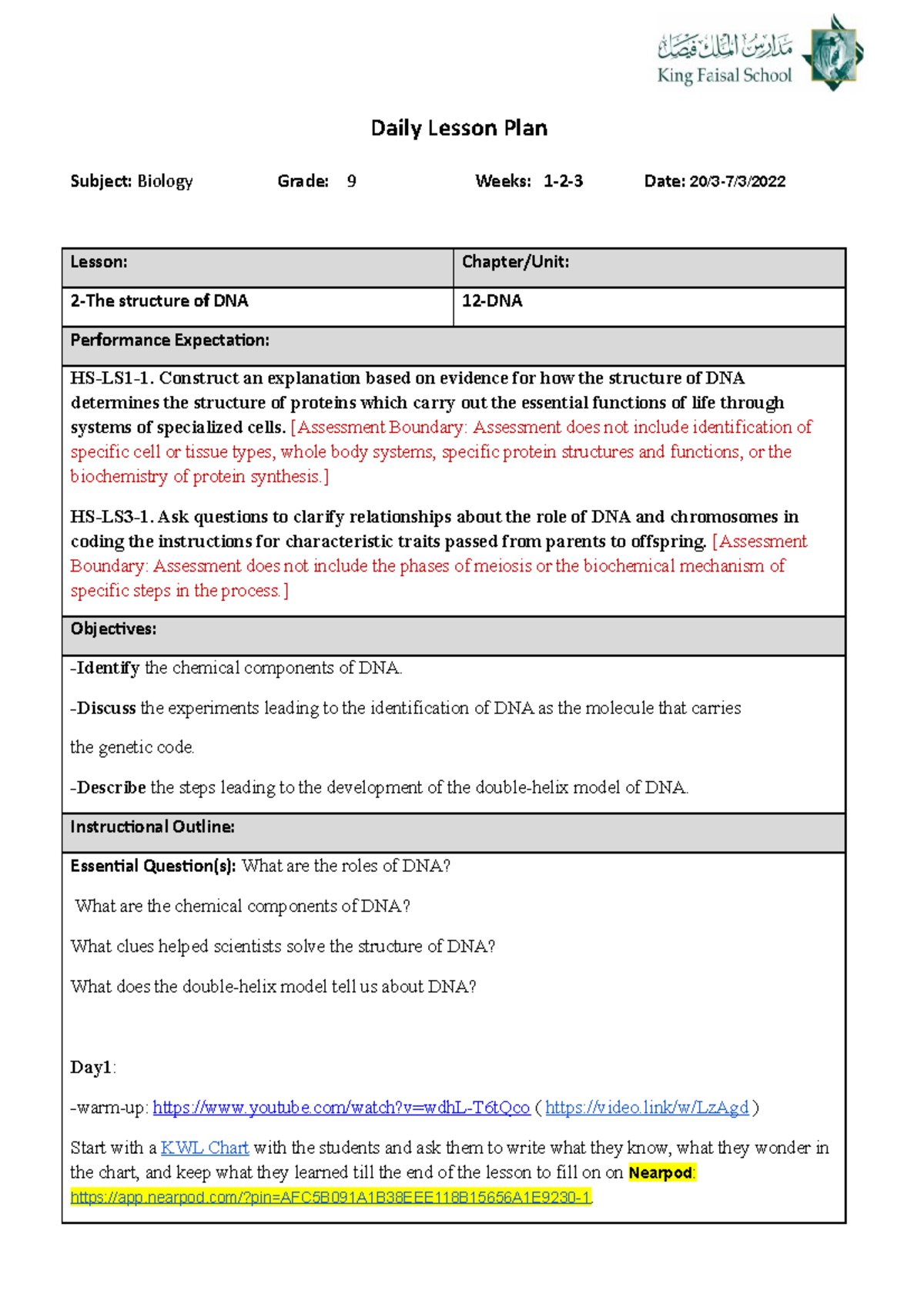 G9-Biology-Lessonplan-Ch12-DNA-L2-The Structure of DNA-S3-2021-2022 ...