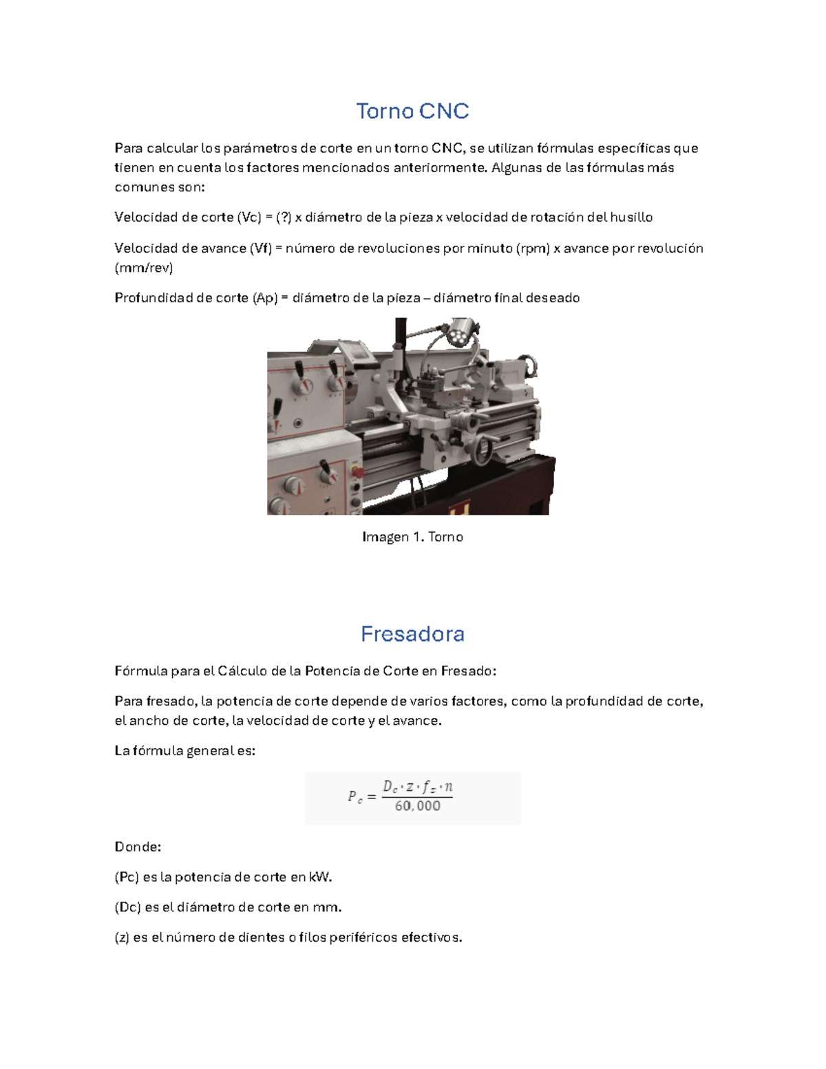 Formulas de potencia en Torno, fresadora y taladro - Torno CNC Para ...