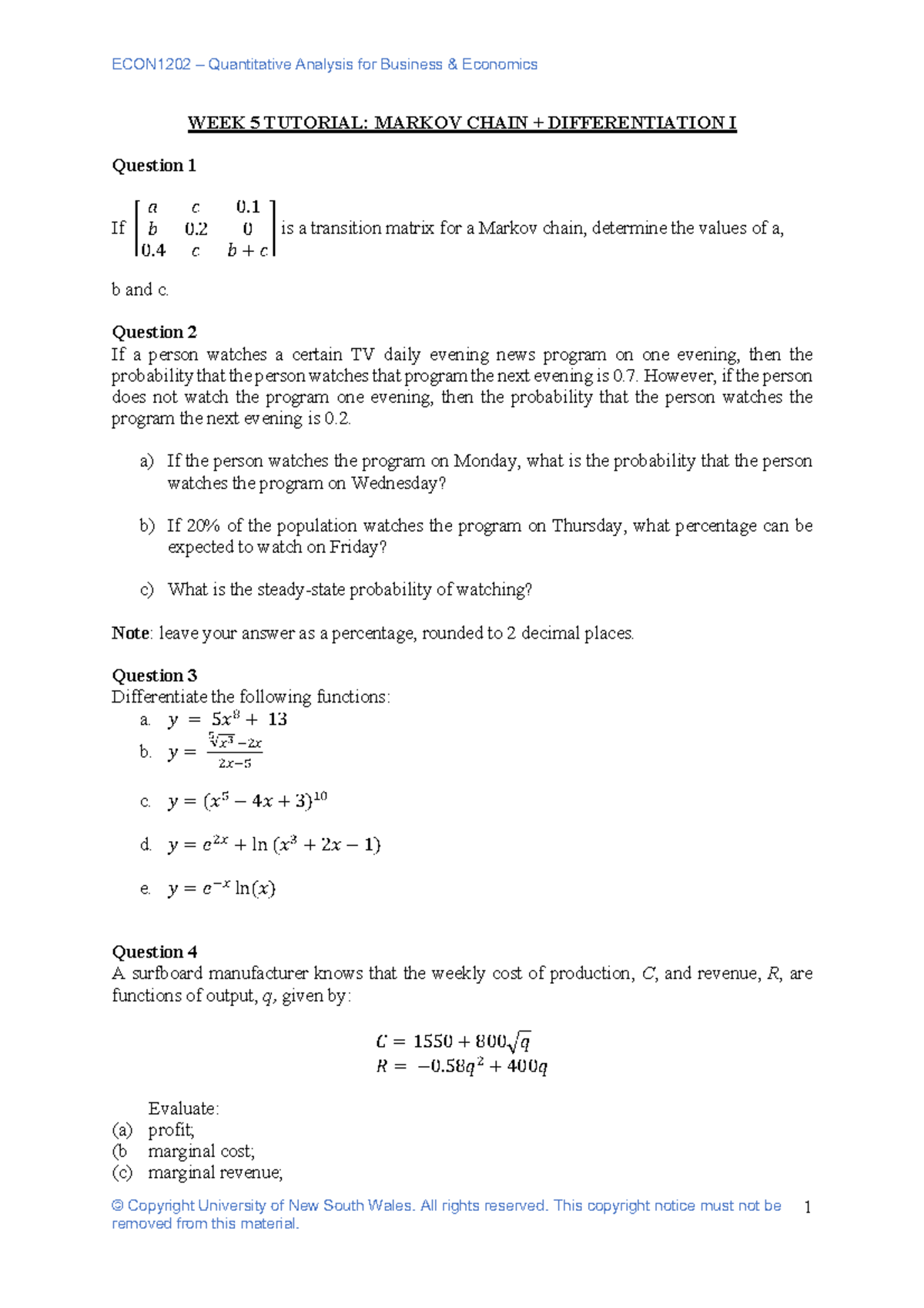 Week 5 Tutorial Questions And Answers 2023 Econ1202 Quantitative Analysis For Business