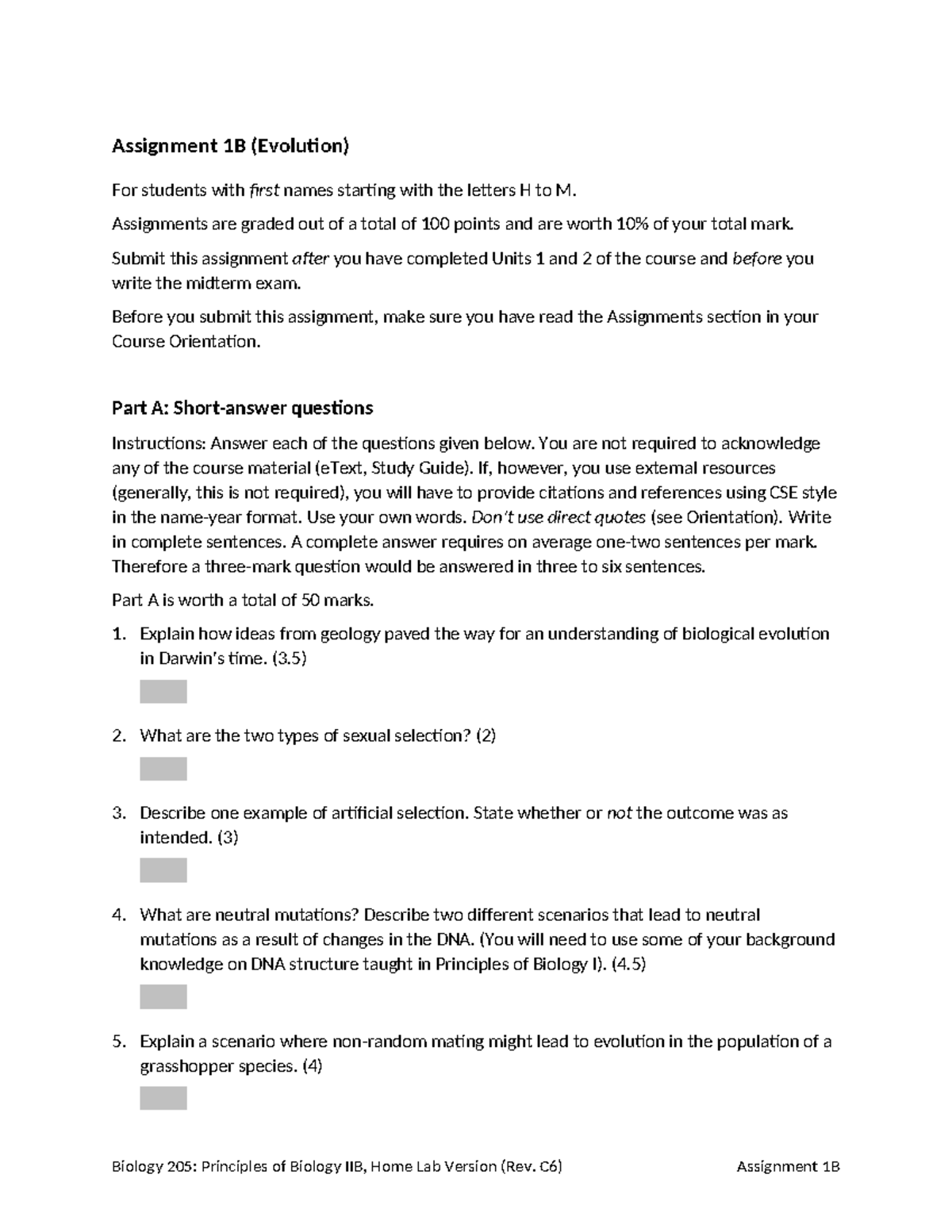 Assign 1B - Assignment 1B (Evolution) For students with first names starting with the letters H ...