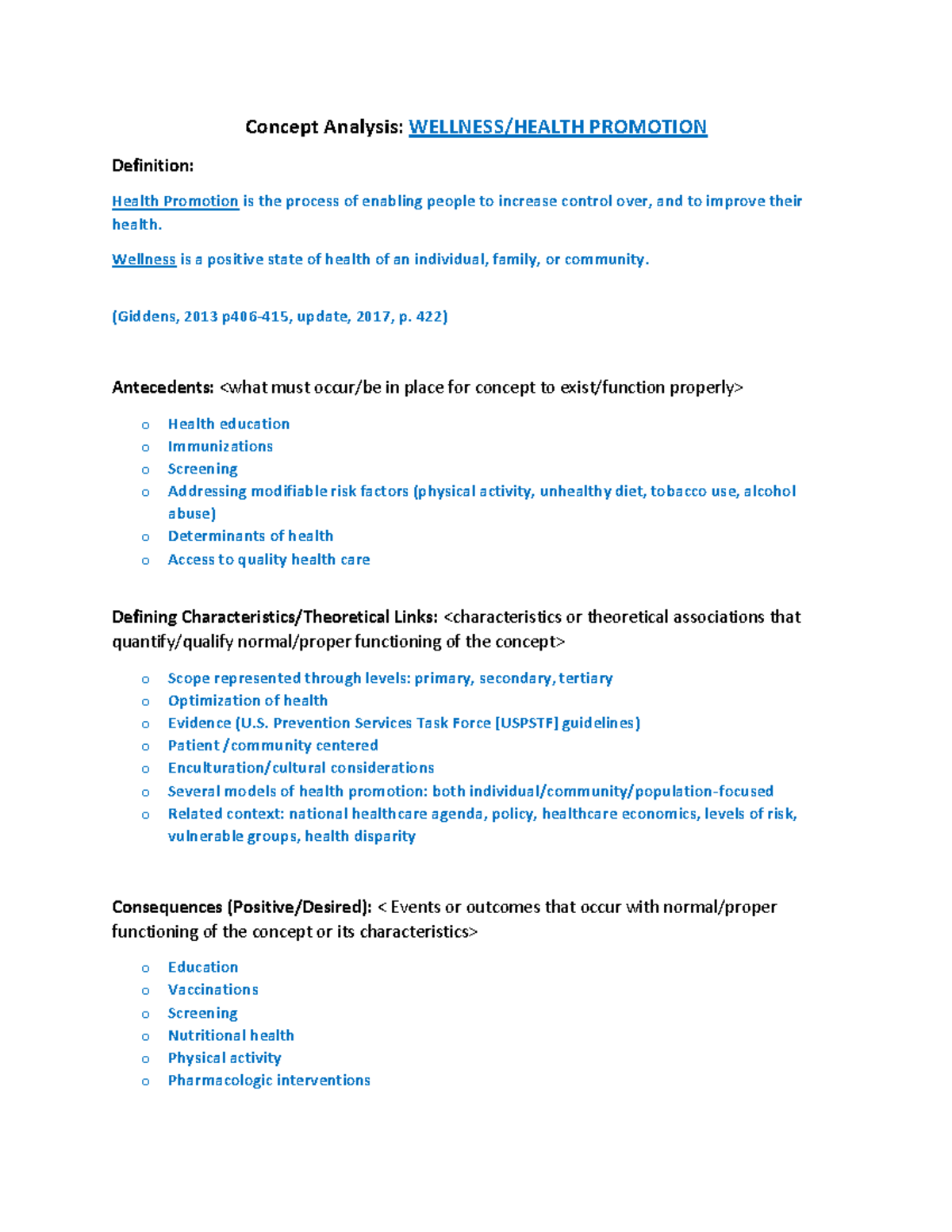 Wellness Health Promotion Concept Analysis Concept Analysis WELLNESS