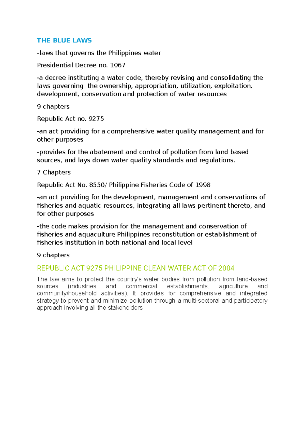 ESP - THE BLUE LAWS laws that governs the Philippines water ...