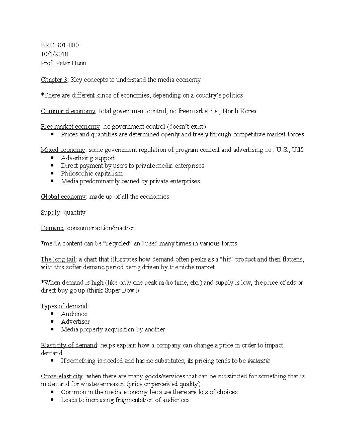 10:1:2018 - Lecture 2 notes - BRC 301- 10/1/ Prof. Peter Hunn Chapter 3 ...