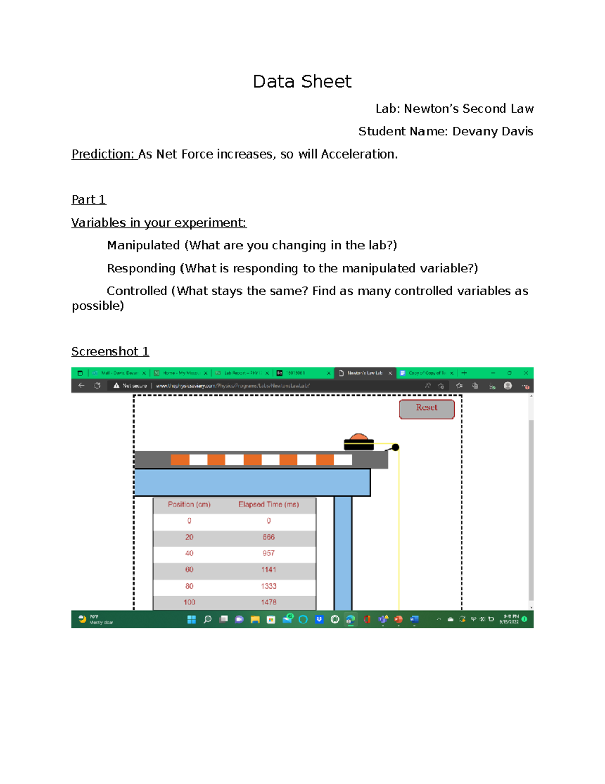 Lab Report Week 3 - Data Sheet Lab: Newton’s Second Law Student Name ...