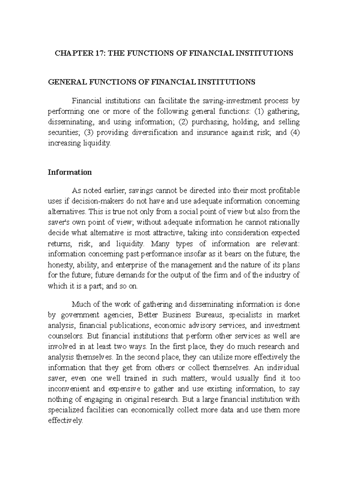 CHAPTER 17 THE FUNCTIONS OF FINANCIAL INSTITUTIONS: General Functions ...