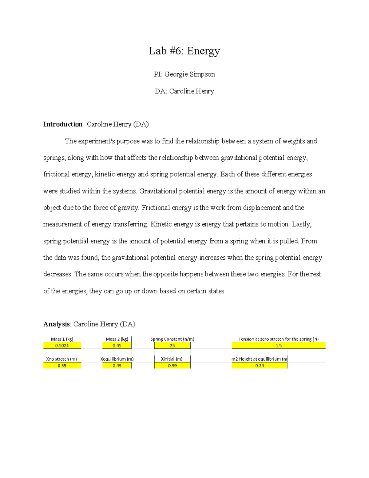 Lab Report 6 - Lab #6: Energy PI: Georgie Simpson DA: Caroline Henry Introduction: Caroline ...