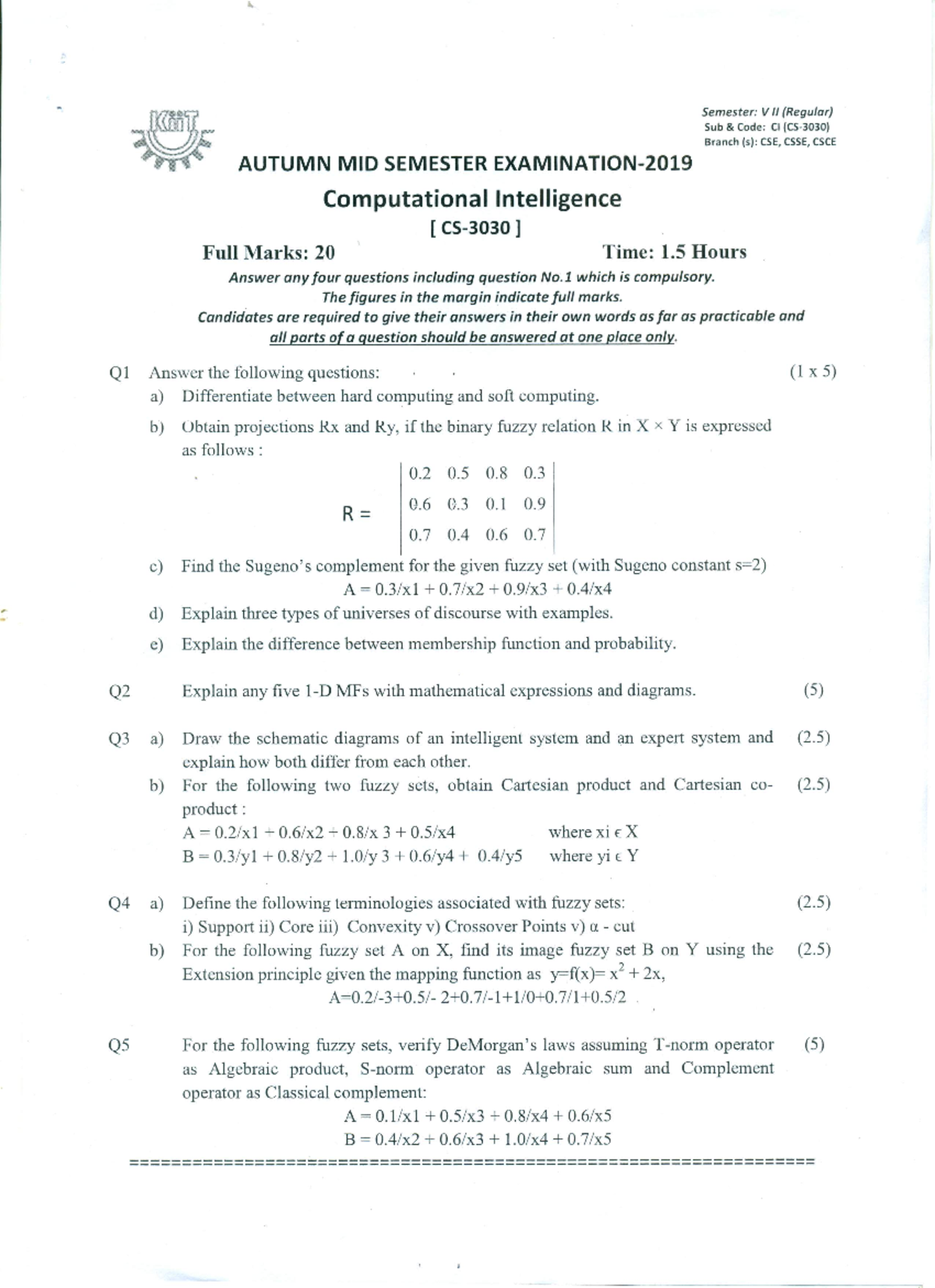 CI MID 19 - ci question paper - Computational Intelligence - Studocu
