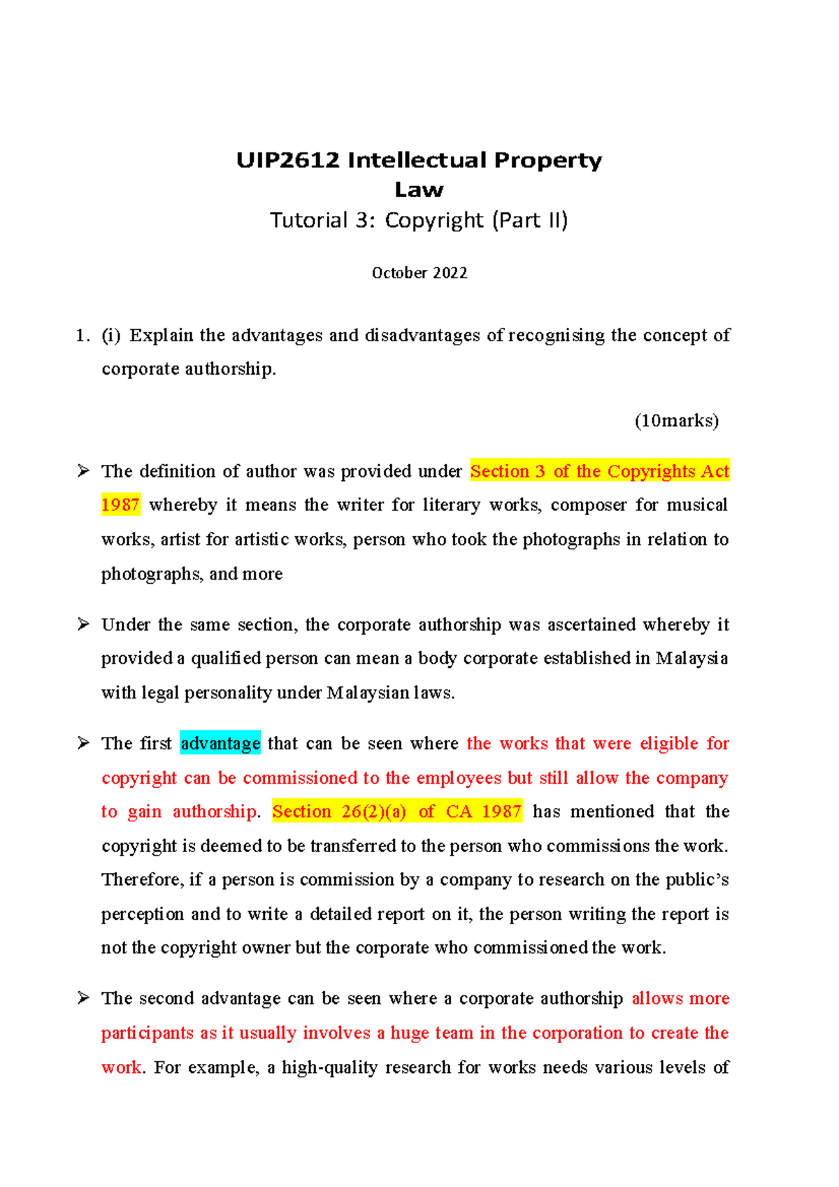 UIP2612 - Tutorial 3 (Copyright II) - Question - UIP2612 Intellectual ...