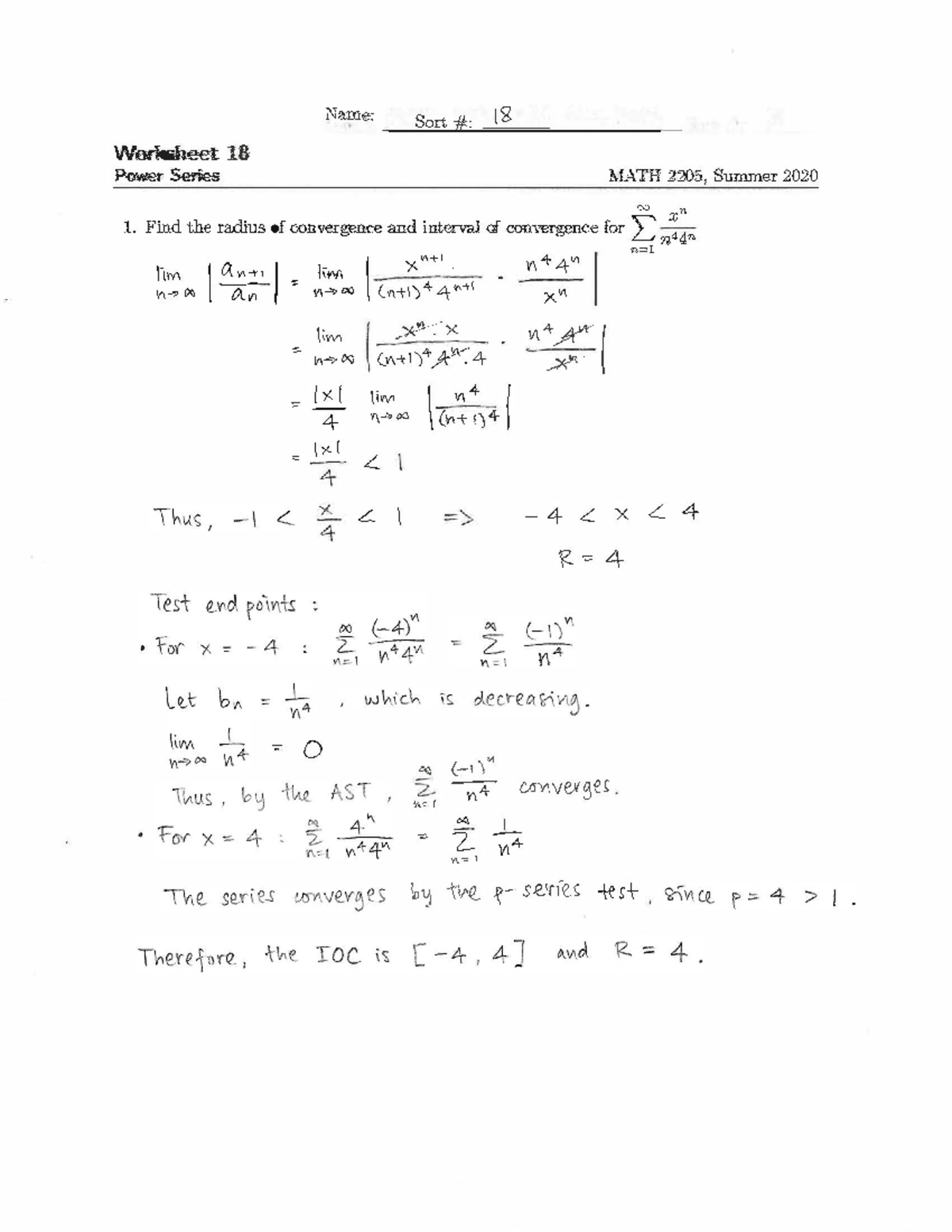 MATH2205 Calc II Worksheet 6 - N愀洀e: So爀琀#: _I_ _ Wo 팀攀񐀀 18 Po眀攀r S爀츀攀猀 ...