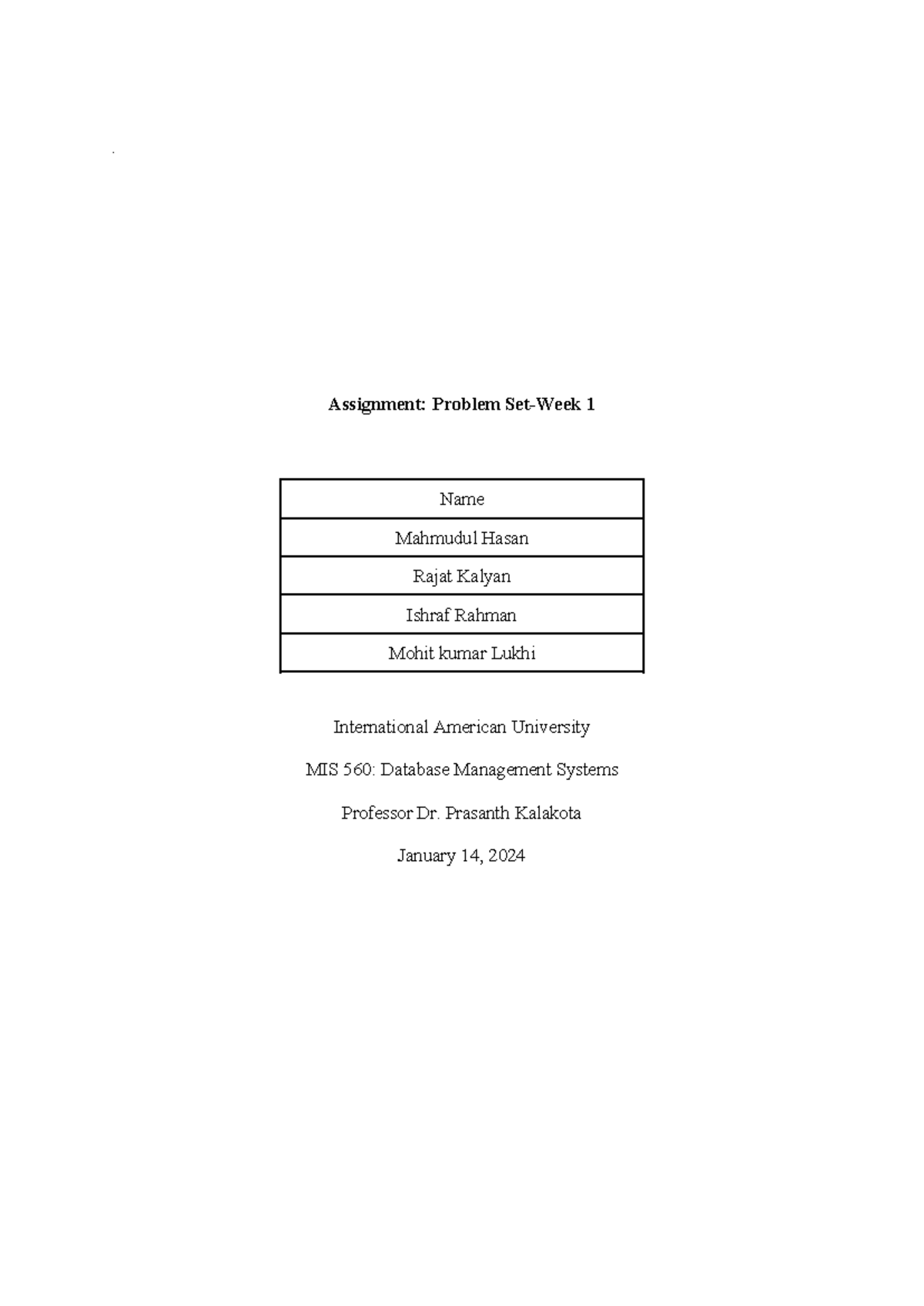 Assignment 1 Na Assignment Problem Set Week 1 Name Mahmudul Hasan Rajat Kalyan Ishraf 