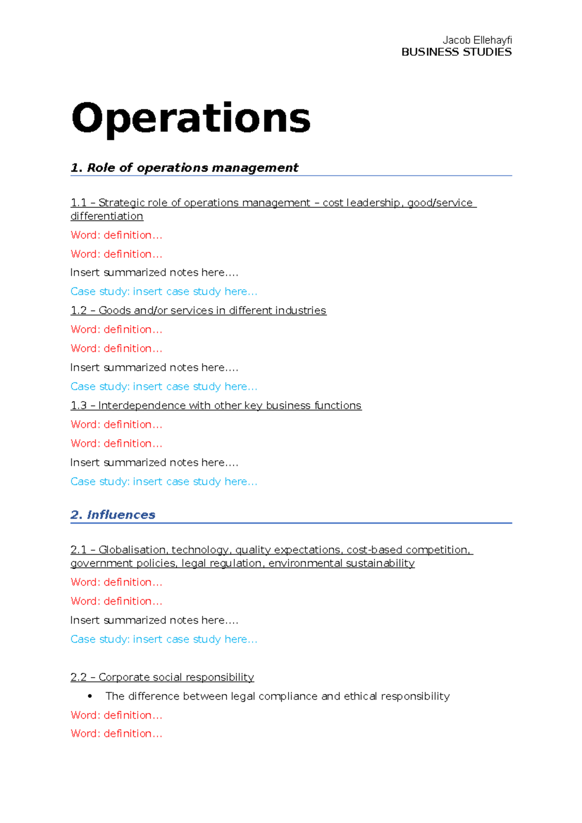 Business Studies SYL - BUSINESS STUDIES Operations 1. Role of ...
