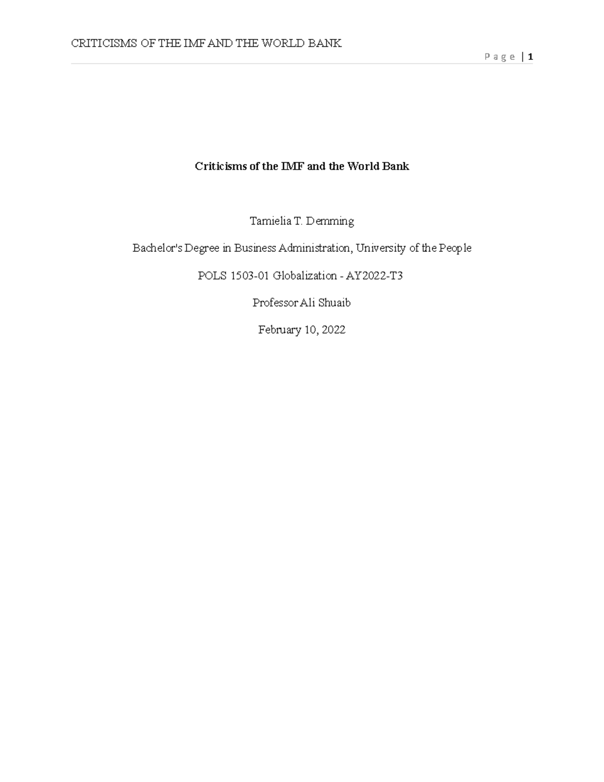 Learning journal Unit 2 - Globalization - Criticisms of the IMF and the ...