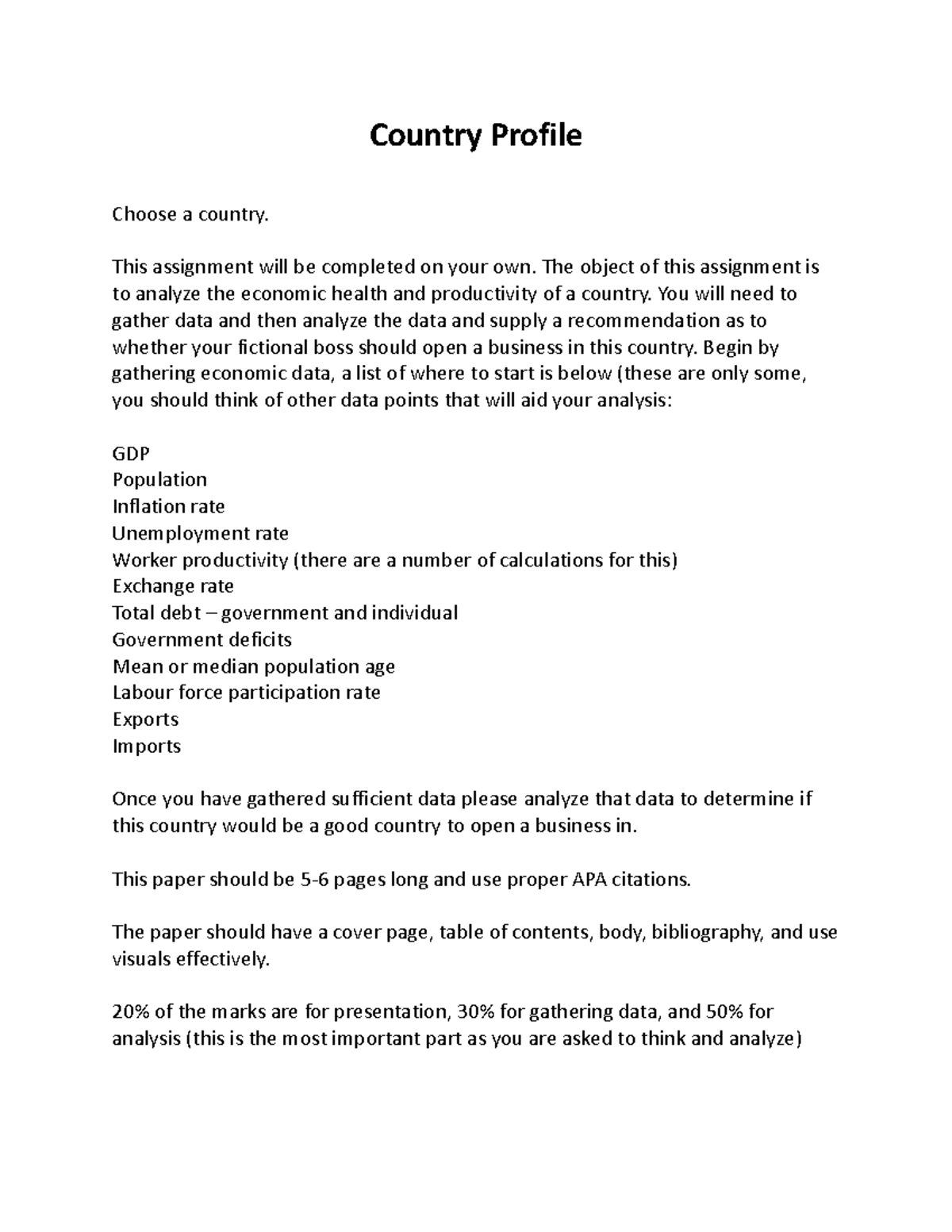 Country Profile assignment - Country Profile Choose a country. This ...