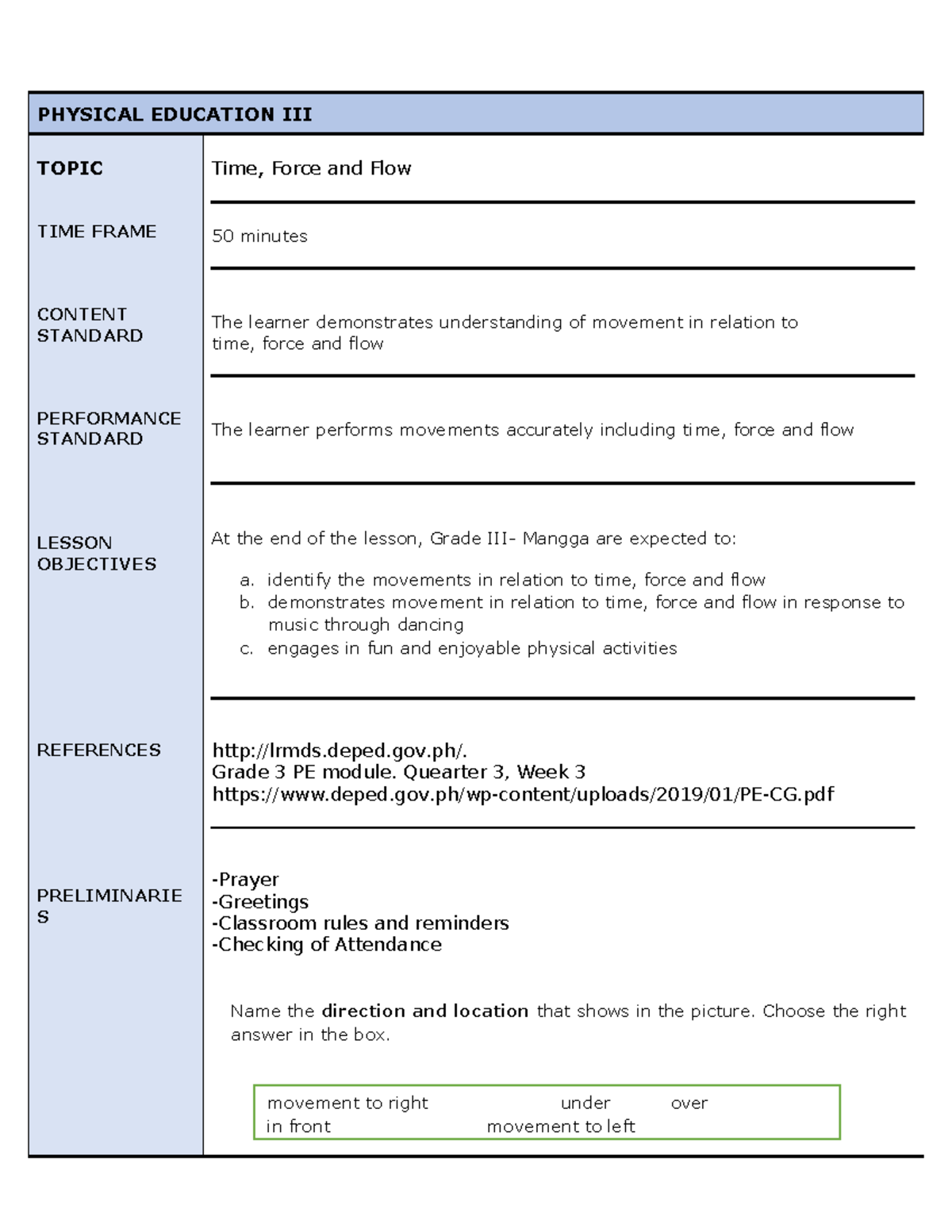 PE Lessonplan - PE for Grade III - PHYSICAL EDUCATION III TOPIC TIME ...