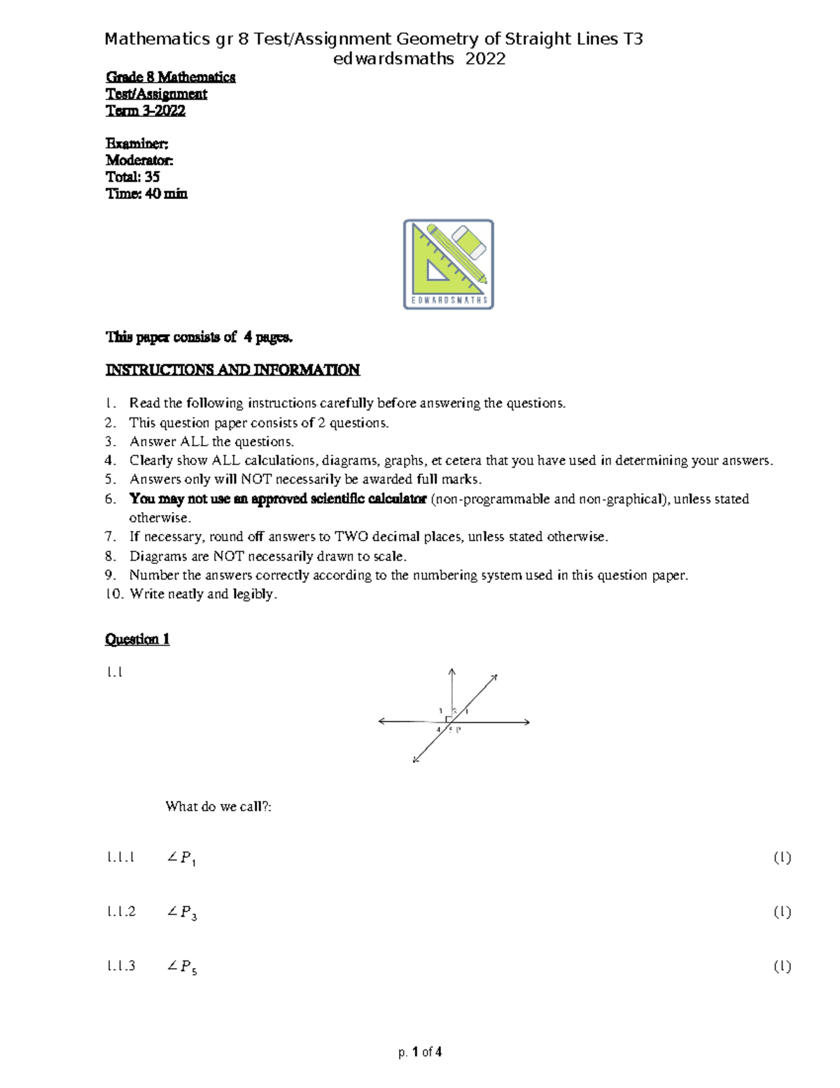 Gr 8 Edwardsmaths Test or Assignment Geometry of Straight Lines T3 2022 ...