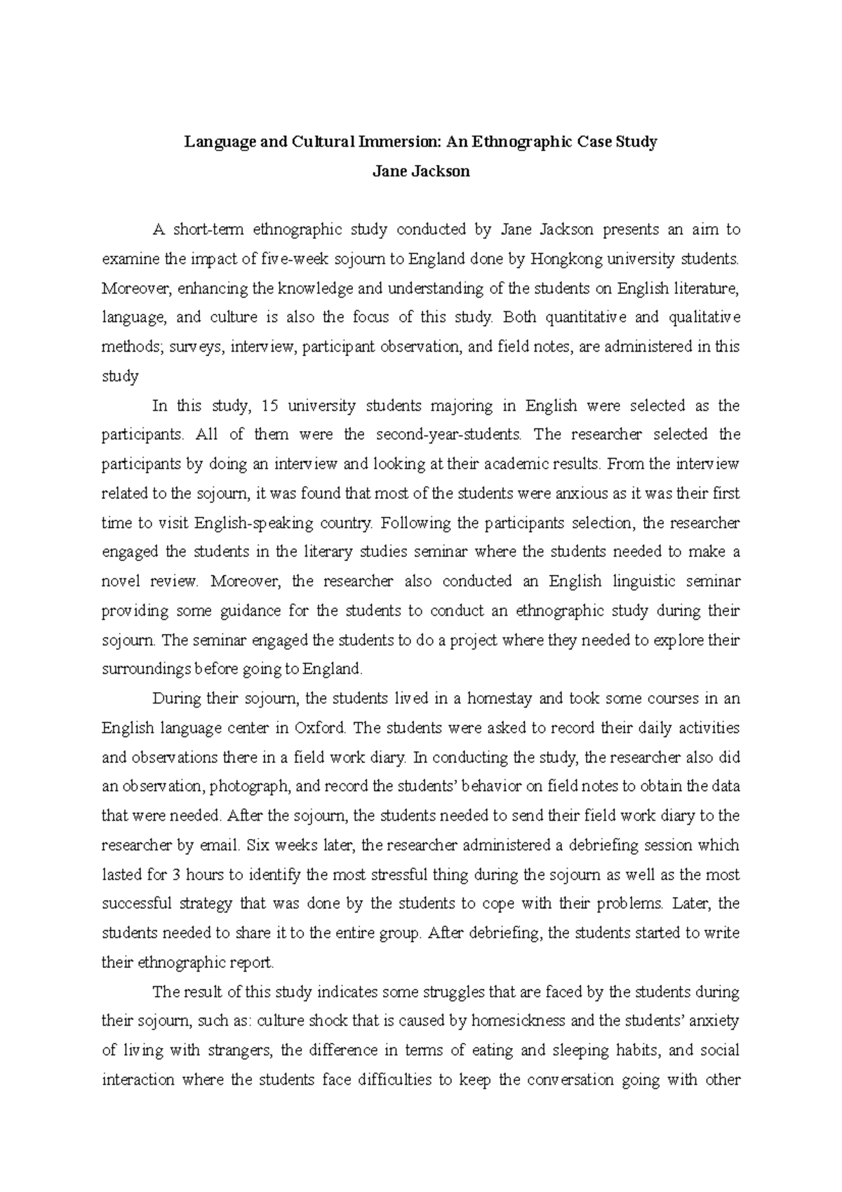 Language and Cultural Immersion An Ethnographic Case Study - Moreover ...