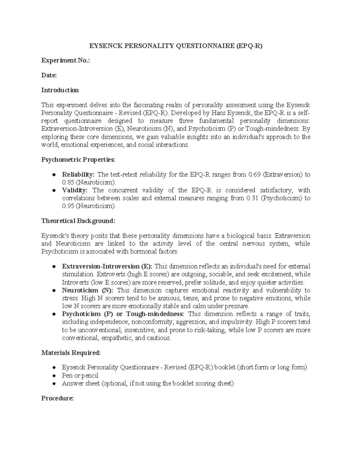 Eysenck Personality Questionnaire (EPQ-R) - EYSENCK PERSONALITY ...