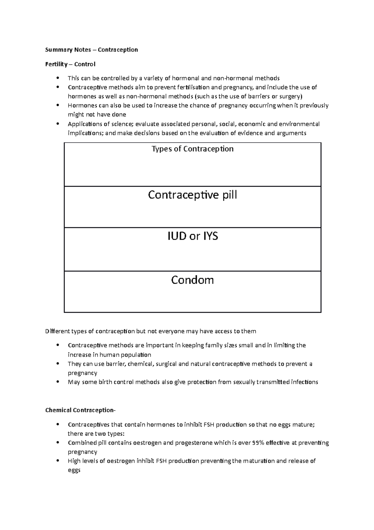 Summary Notes - Contraception - Summary Notes – Contraception Fertility ...